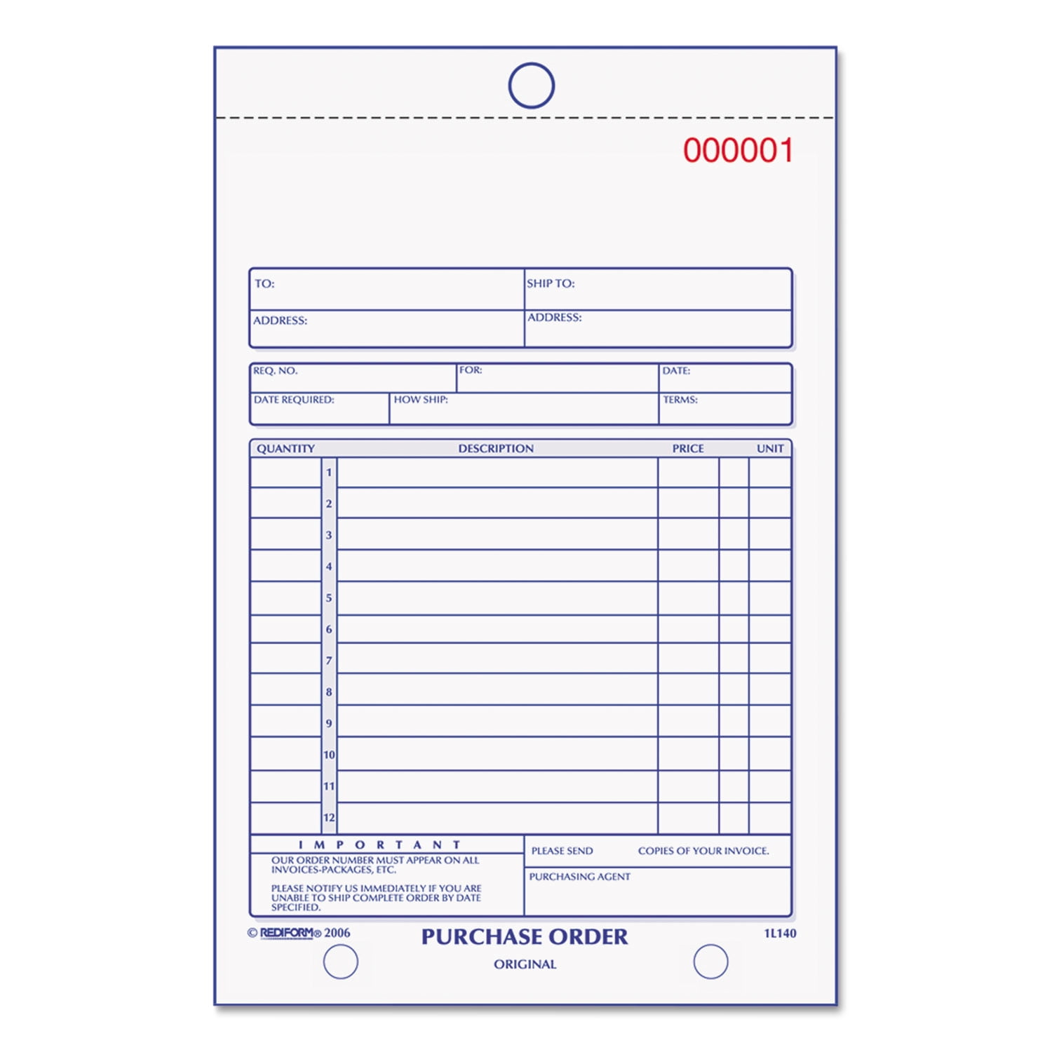 Rediform Purchase Order Book, Bottom Punch, 5 1/2" x 7 7/8", Two-Part ...