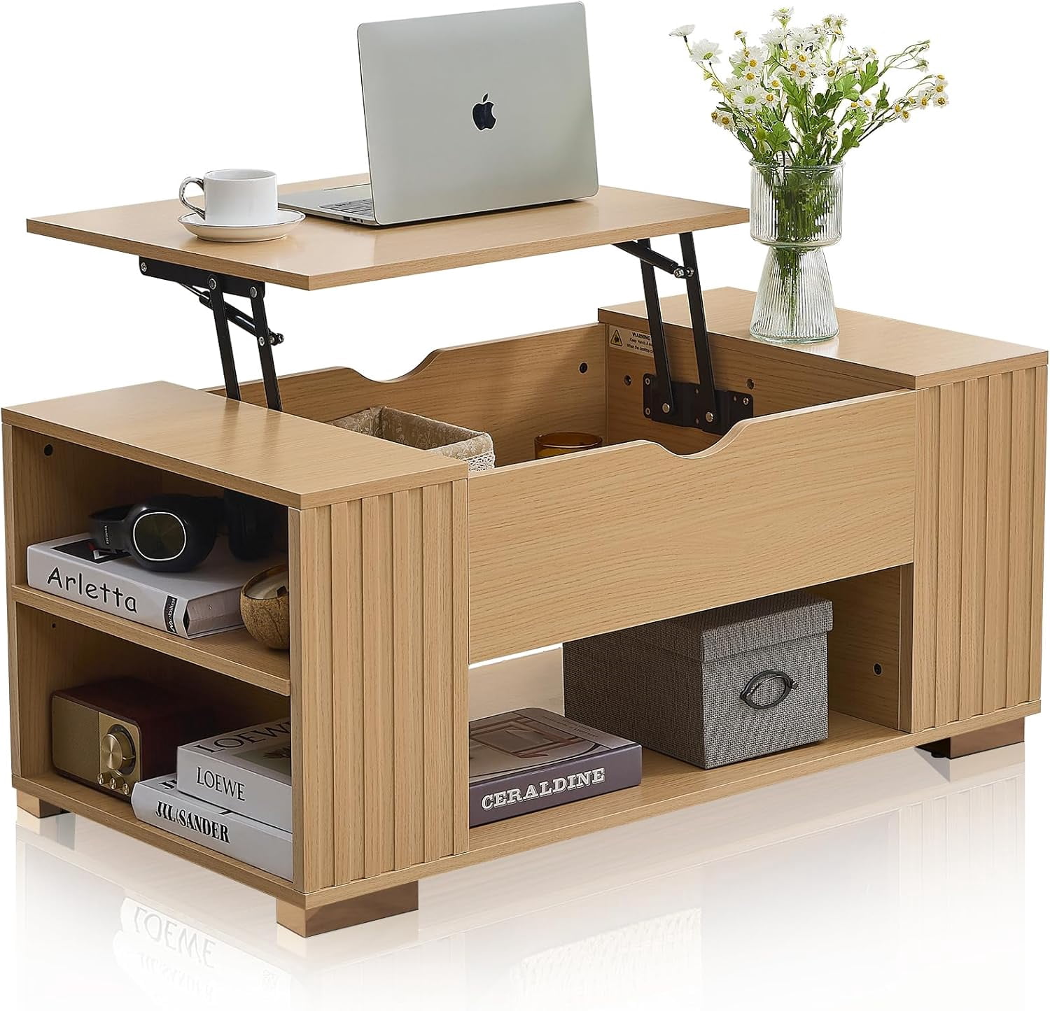 Redkey Coffee Table with Lifting Top - Fluted Square Center Table with ...