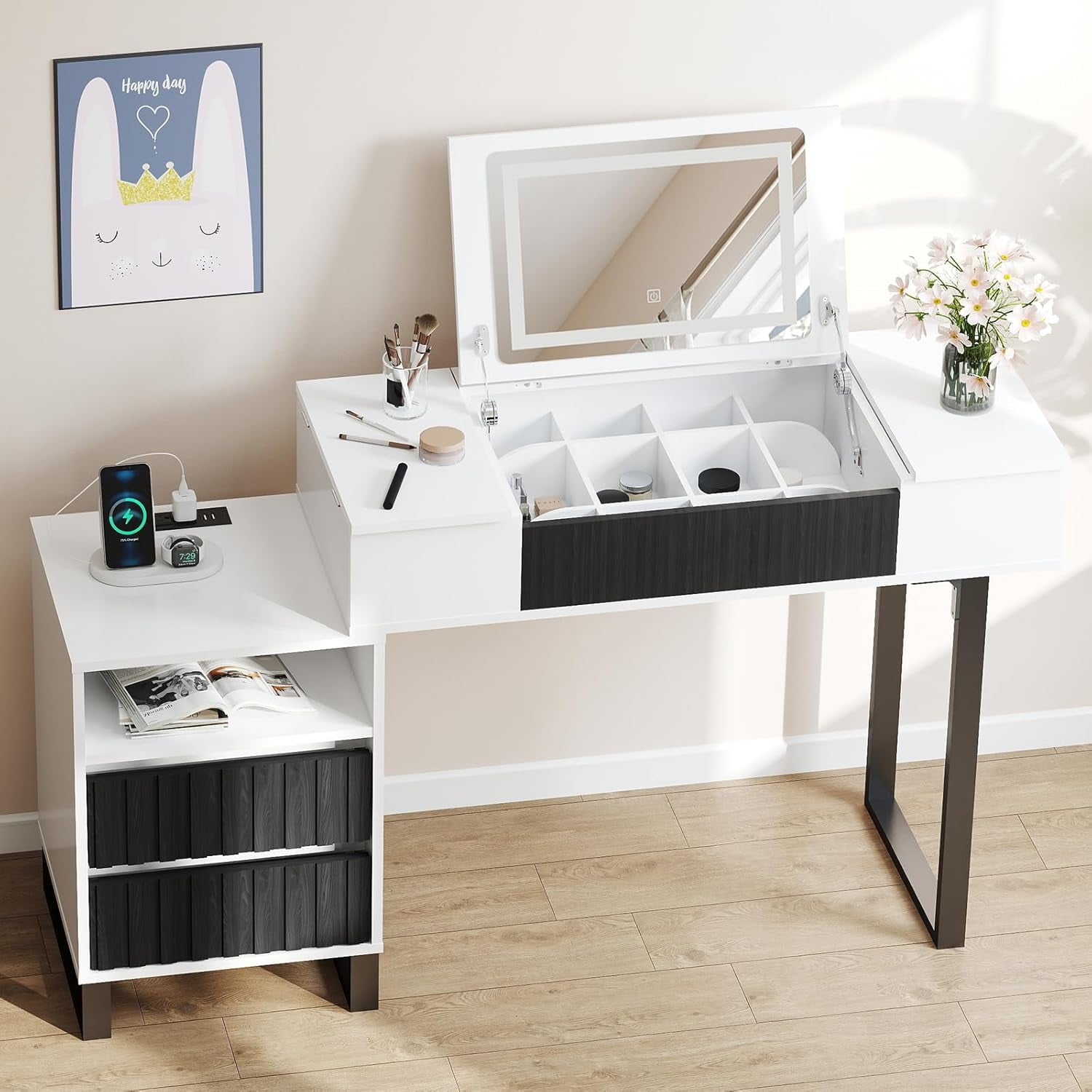Redkey Fluted Makeup Vanity Desk - Modern Makeup Table with Outlet ...