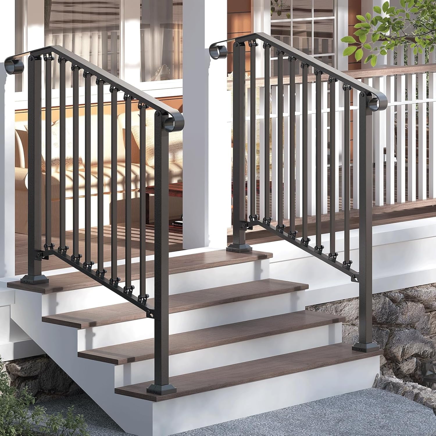 Redlife 2 Pack Outdoor Handrail, Fit 3 or 4 Steps Outdoor Stair Railing ...