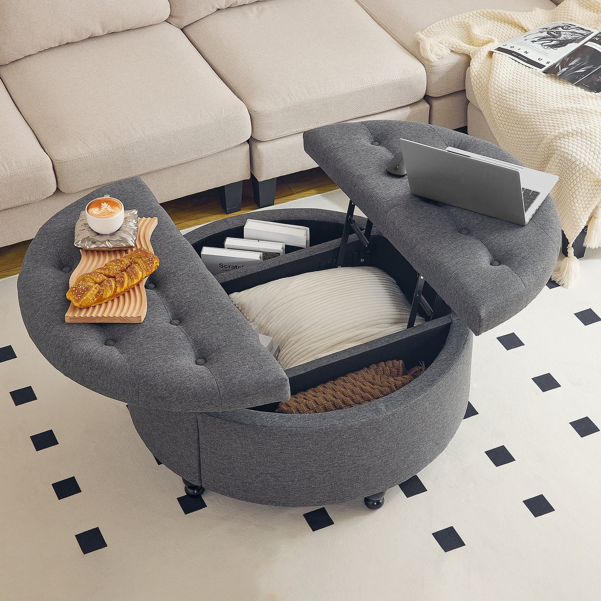 Redlife 35" Wide Round Ottoman with Storage, Round Storage Ottoman ...