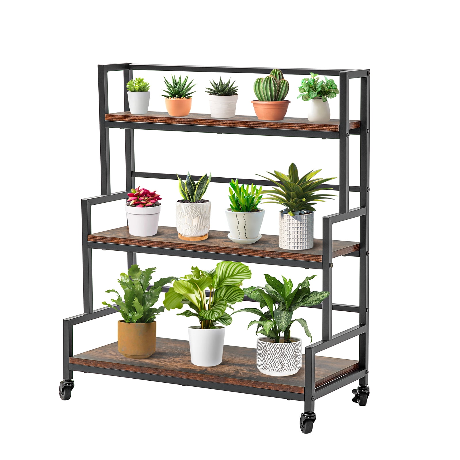 Redlife 37'' Rustic Plant Stand ,Plant Ladder Shelf ,Rolling Flower ...