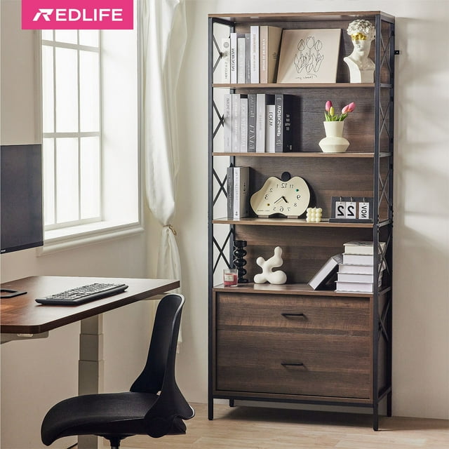 Redlife 5-Tier Bookshelf w/ File Cabinet Drawers Industrial Wood ...