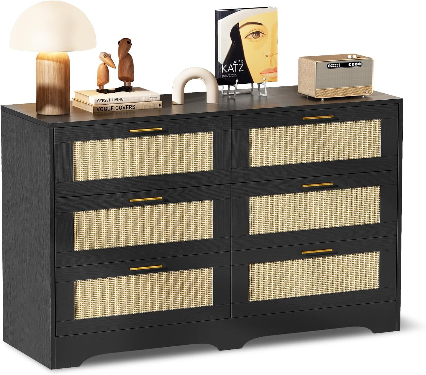 Redlife 6 Drawer Black Rattan Dresser, Chest of Drawer for Bedroom ...
