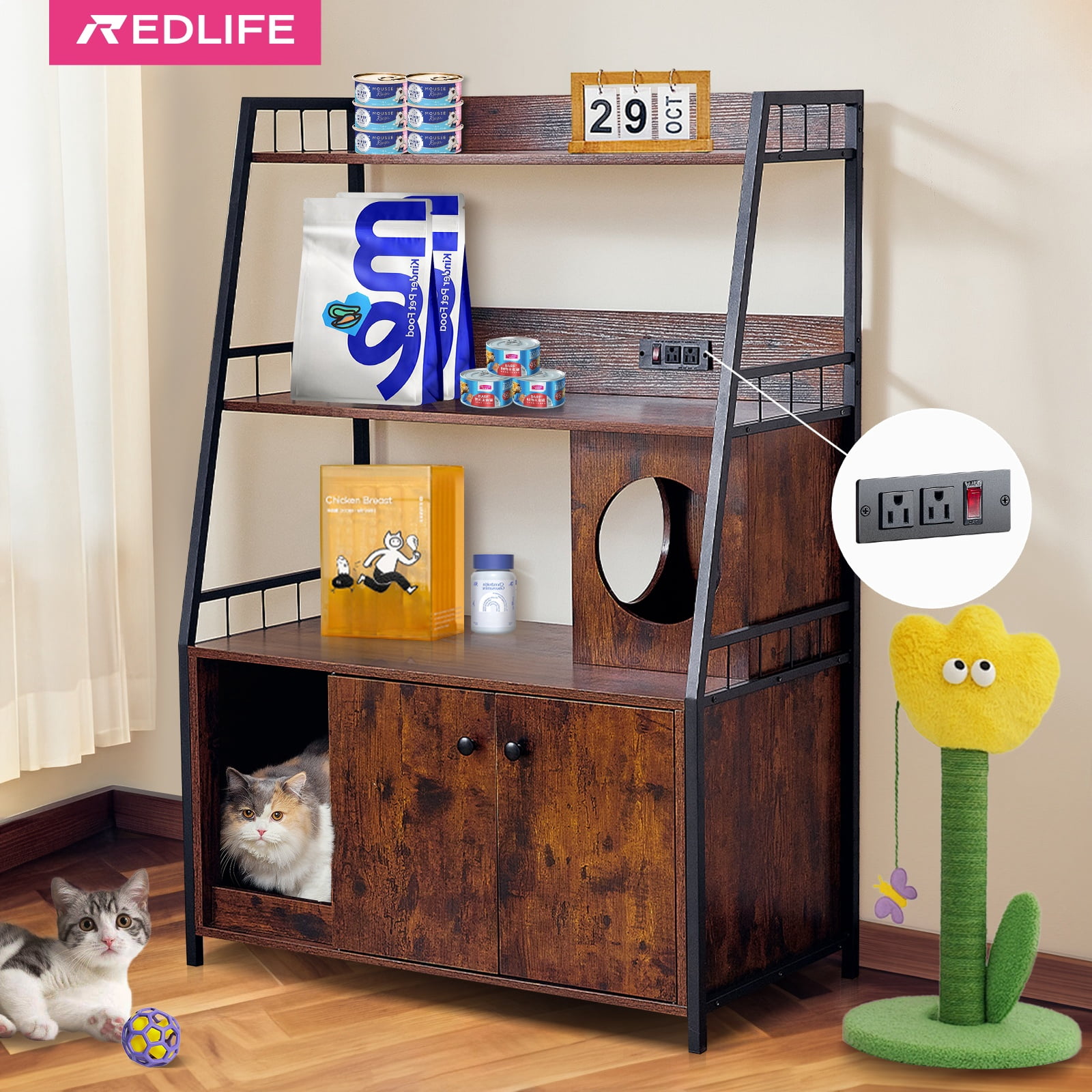 Redlife Cat Litter Box Enclosure with 3 Storage Shelves and Door, 3 in ...