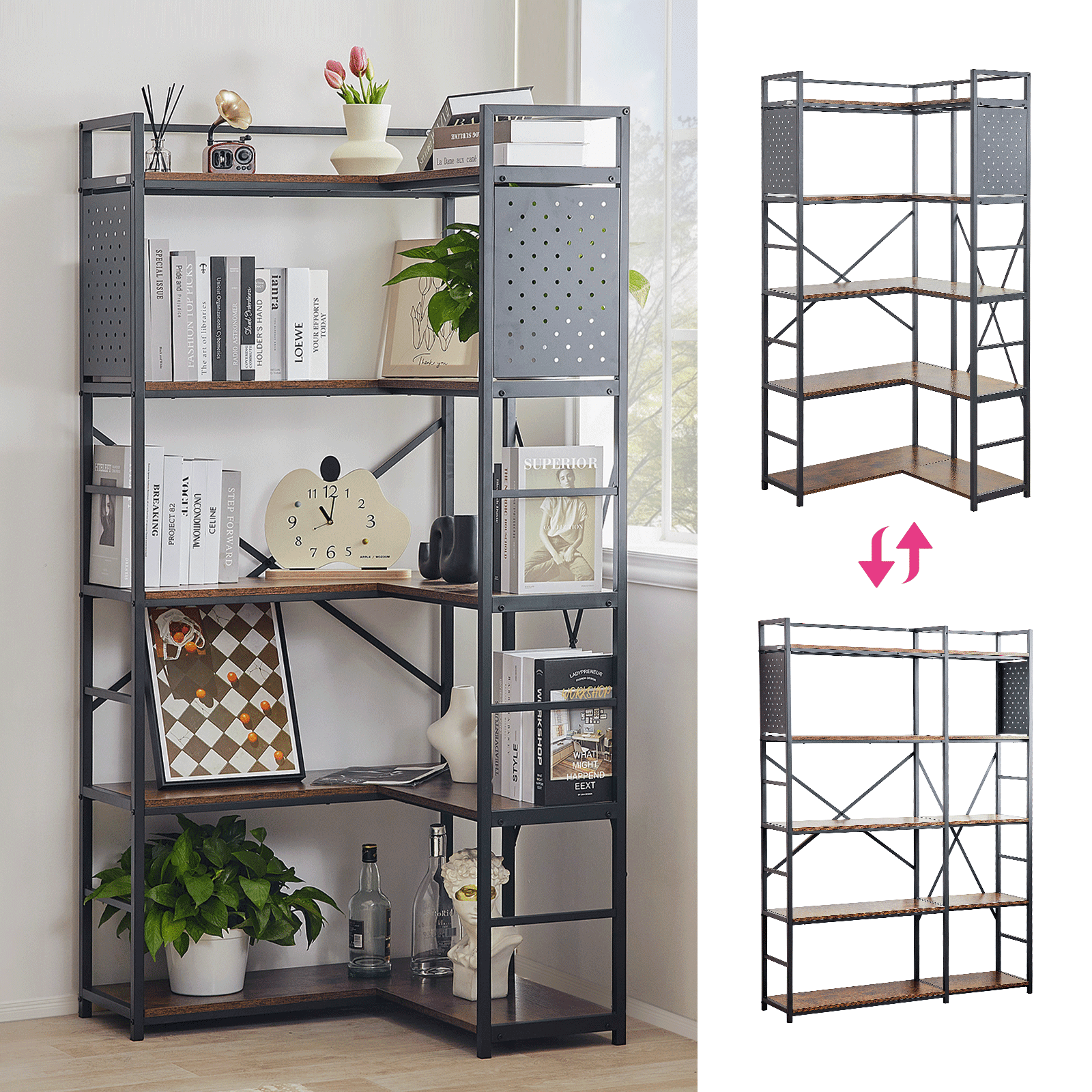Redlife 5 Tier Convertible Display Bookshelf Industrial Corner ...