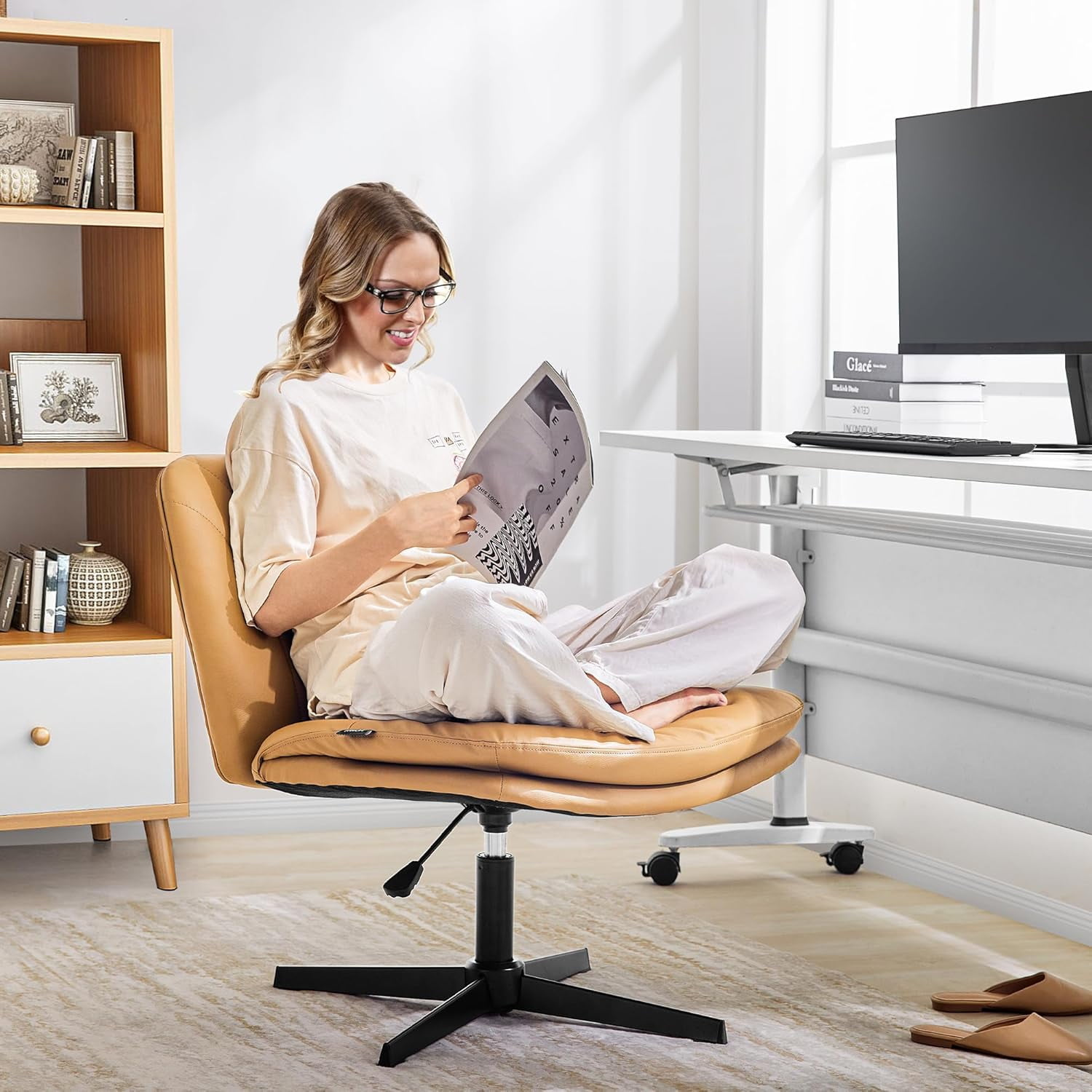 Redlife Criss Cross Chair, 26" Cross Legged Office Chair PU Leather ...