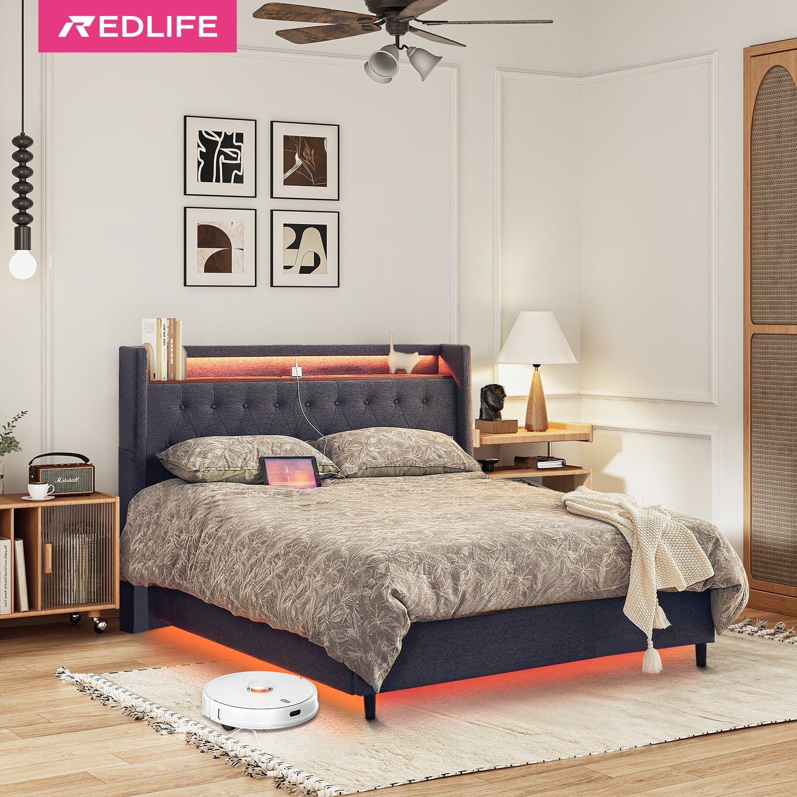 Redlife Queen Bed Frame with LED Lights Charging Station, Upholstered ...