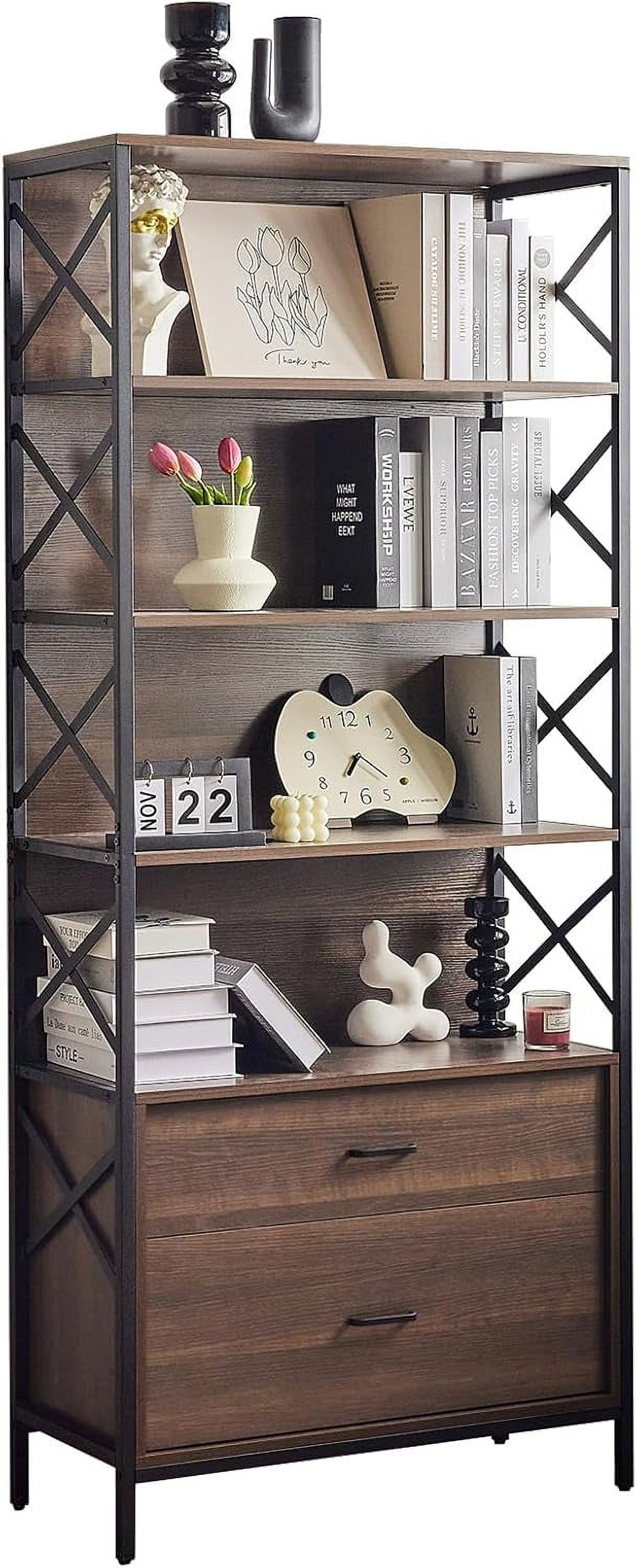 Redlife Tall Bookshelf, Bookshelf with Drawers, 5-Tier Industrial ...