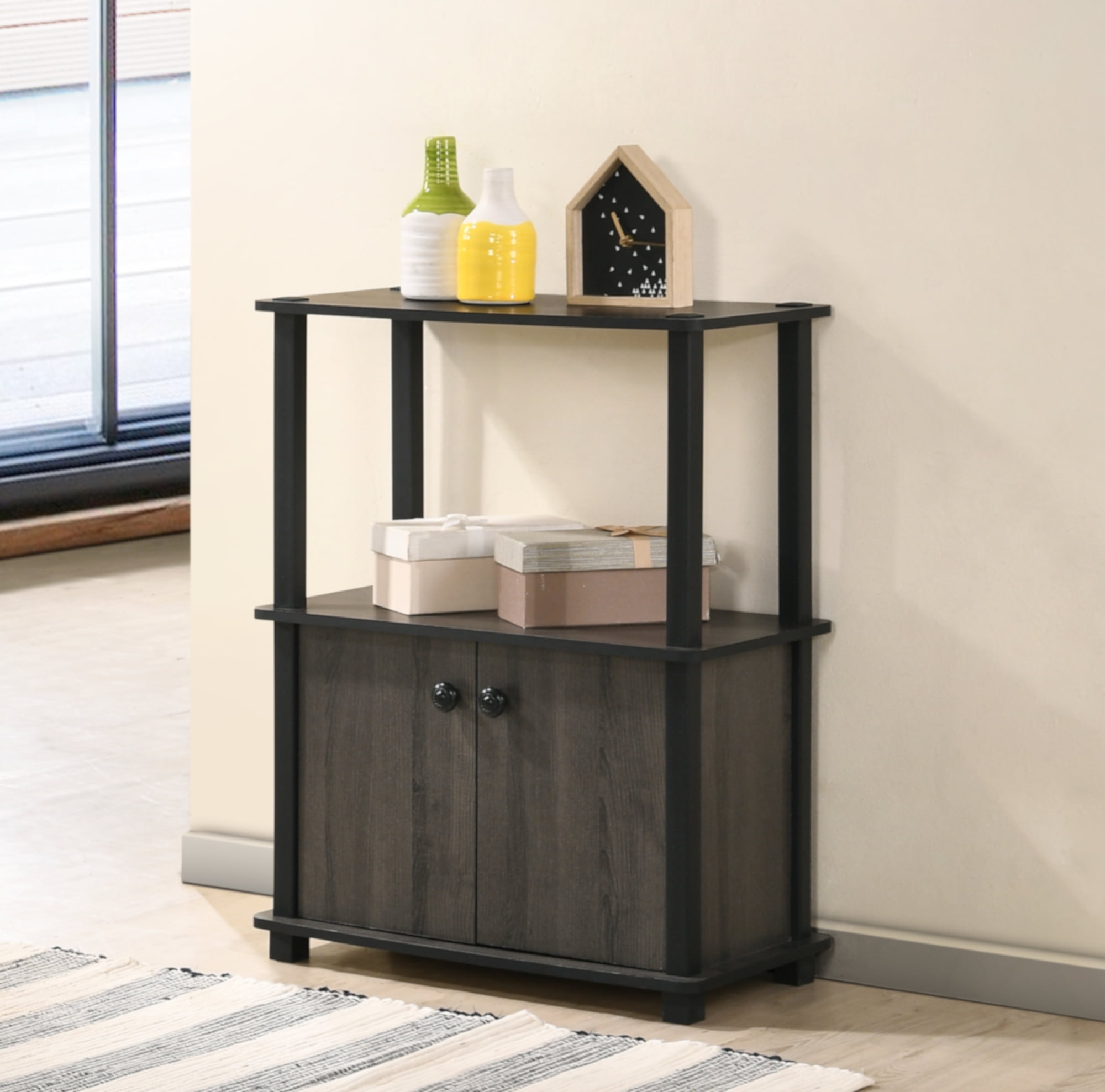 Redmon 3-Shelves Floor Shelf Self-Standing, Lower 2-Door Cabinet ...