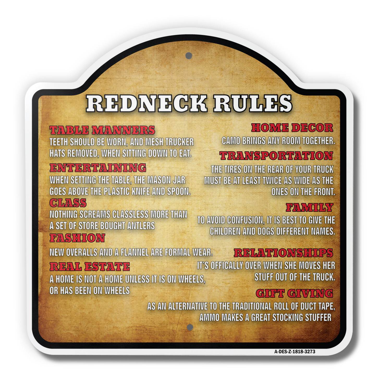 Redneck Rules 18" X 18" Heavy-Gauge Aluminum Architectural Sign ...