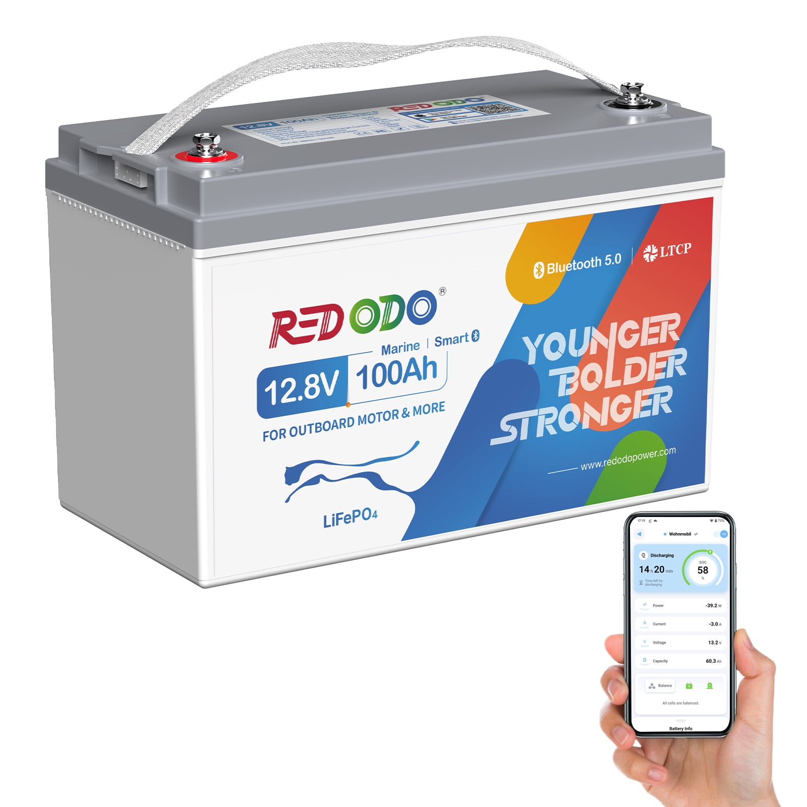 Redodo 12V 100Ah Electric Outboard Motor LiFePO4 Battery Bluetooth ...