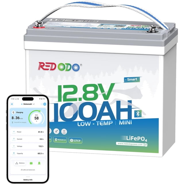 Redodo 12V 100Ah Smart Mini Bluetooth LiFePO4 Battery, Smallest Lithium ...