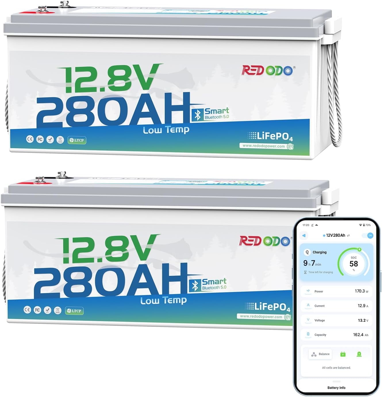 Redodo 12V 280Ah Bluetooth Lifepo4 Battery, Low Temp Cut-off Max 3584Wh ...