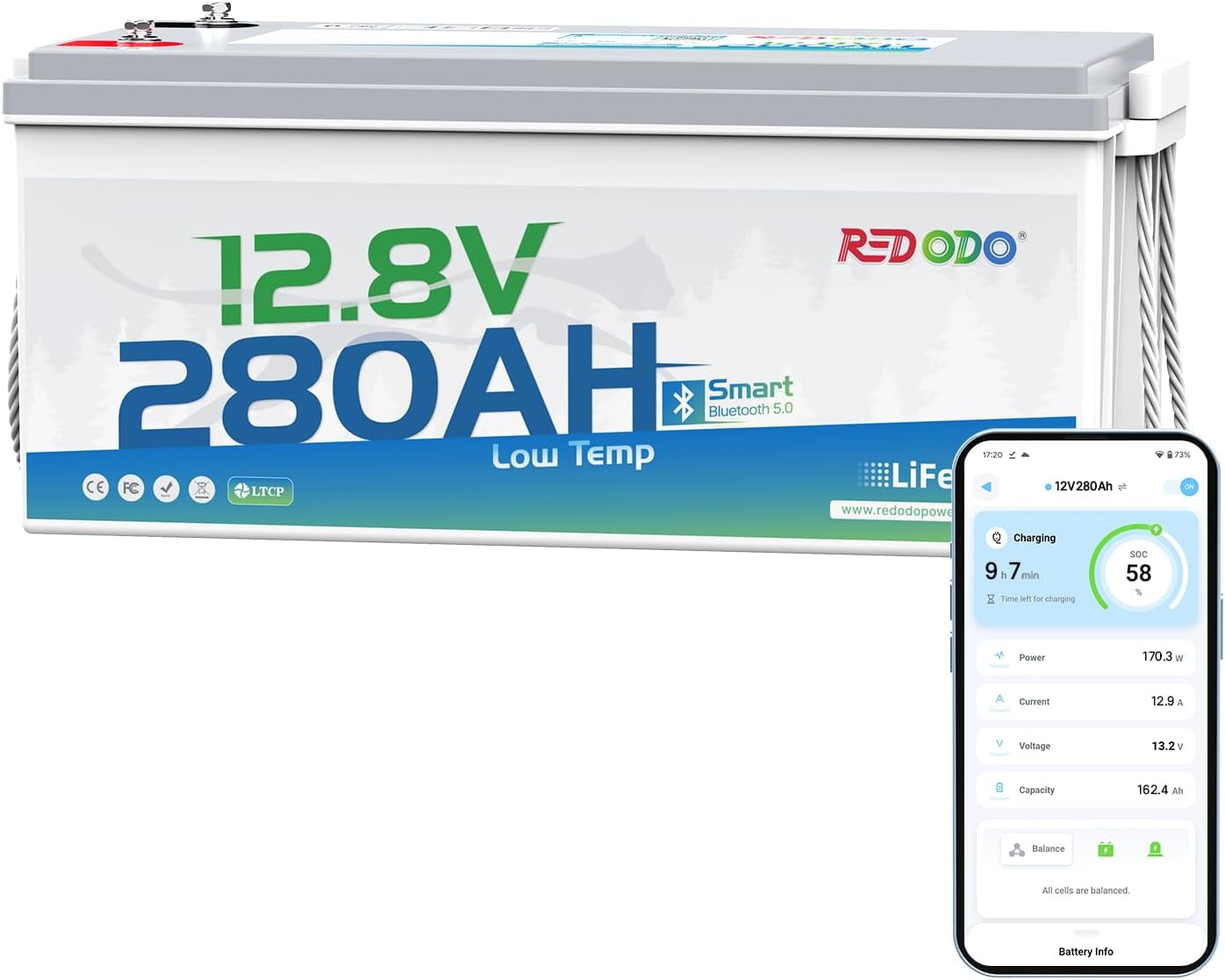 Redodo 12V 280Ah Bluetooth Lifepo4 Battery, Low Temp Cut-off Max 3584Wh ...