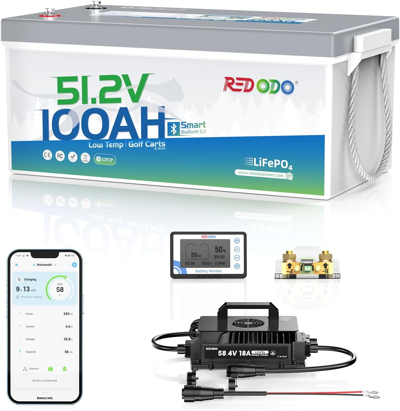 Redodo 48V 100Ah LiFePO4 Golf Cart Battery Kit w/58.4V 18A IP65 Charger & 500A Battery Monitor ...
