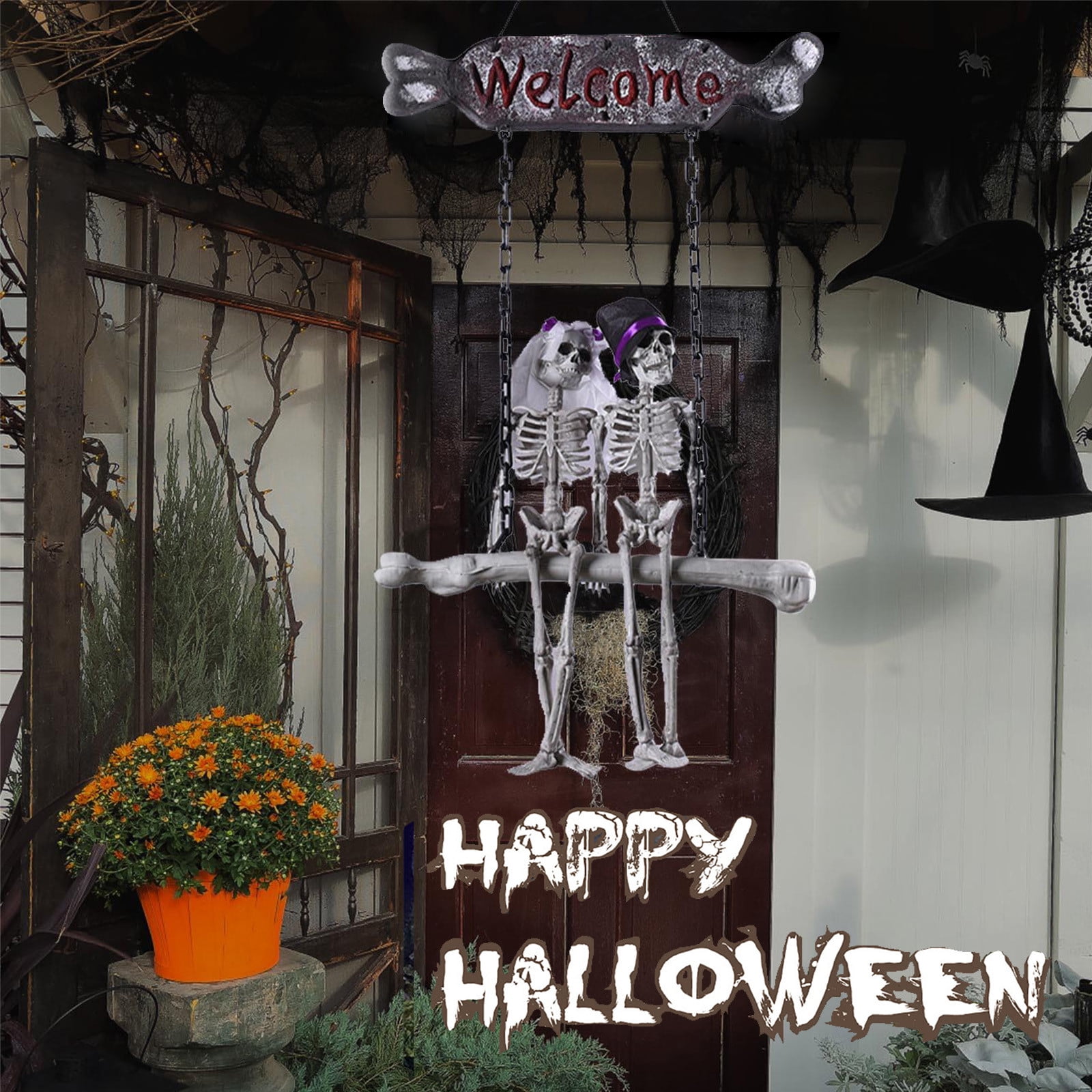 Reduce!SDJMa Halloween Welcome Sign, 15.7"x35.4" 3D Halloween Skeleton ...