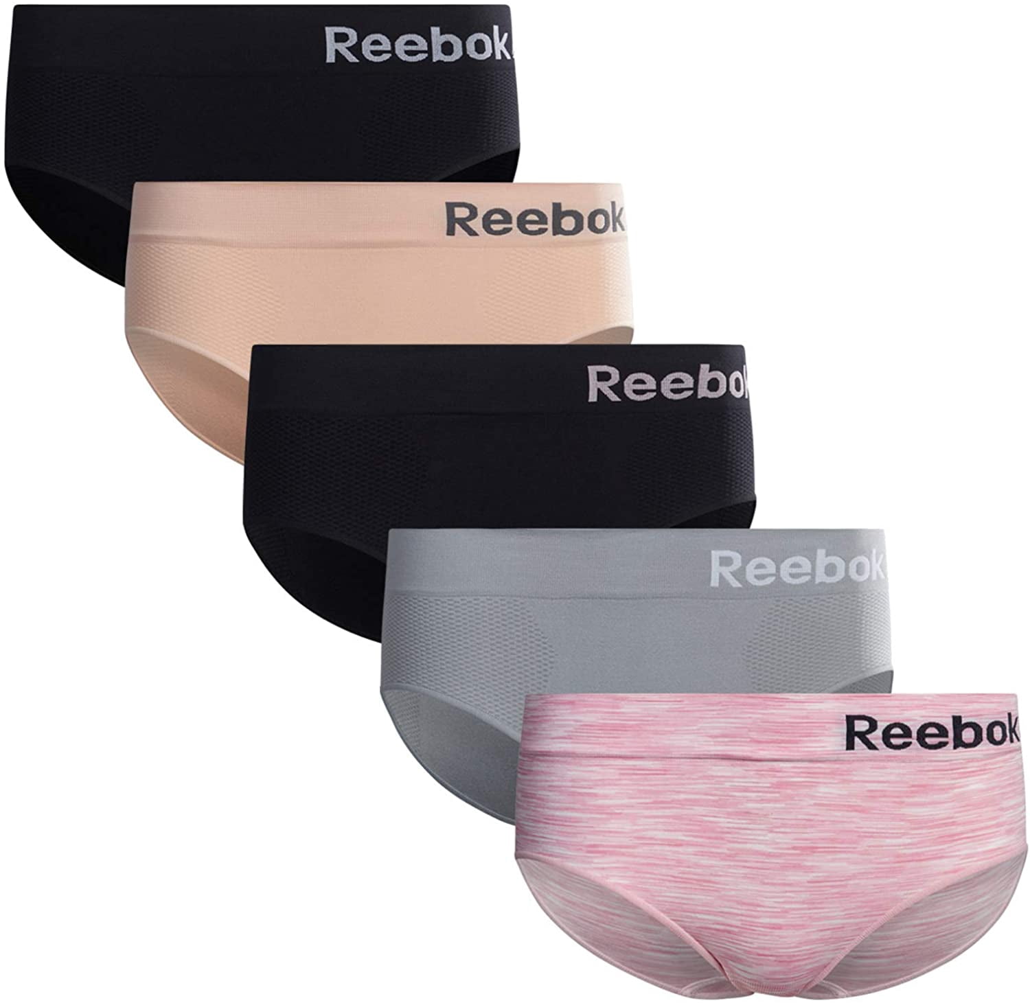 Reebok Womens Seamless Hipster Panties 5 Pack Pink Black Nude Grey Xl