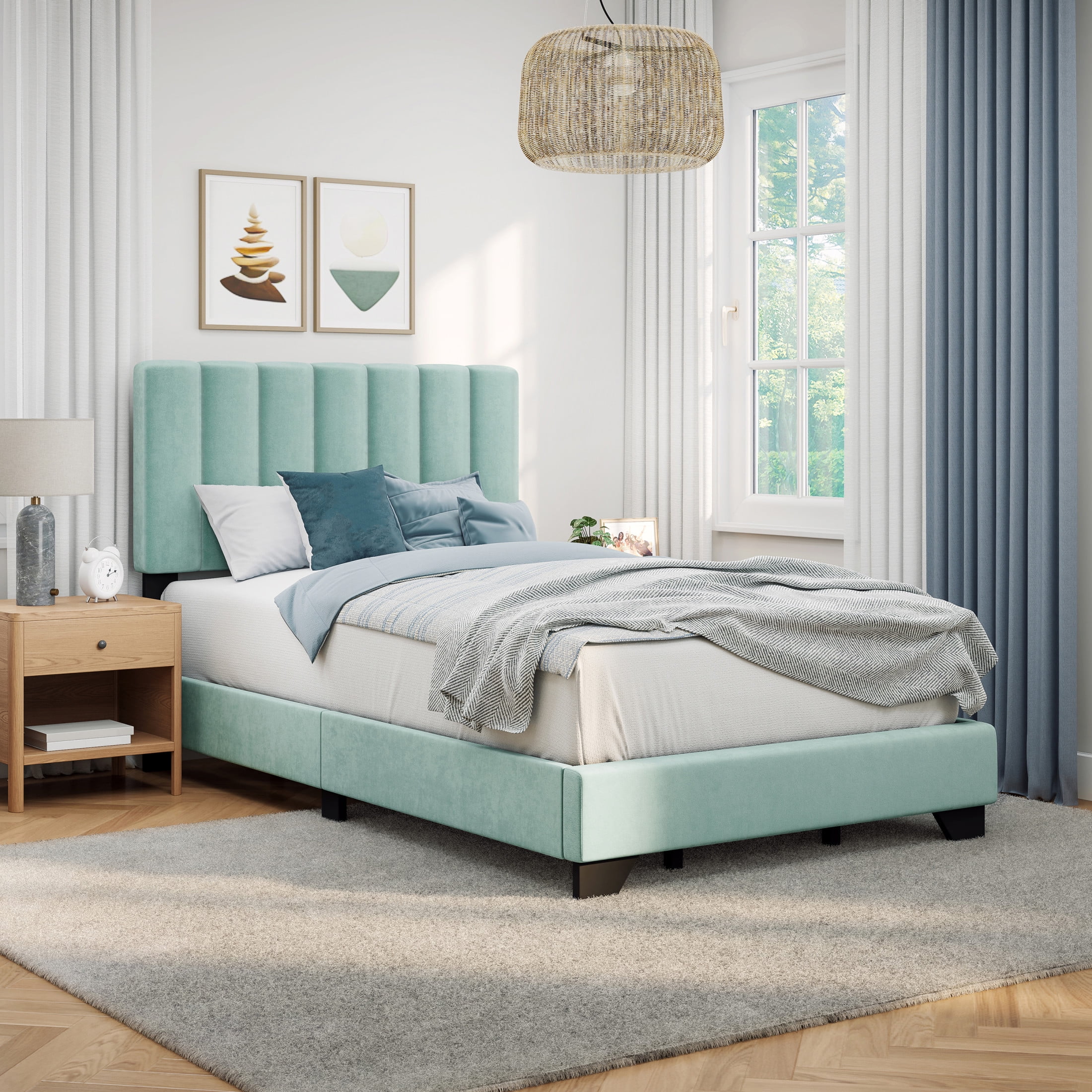 Reece Channel Stitched Upholstered Full Bed, Caribbean Green, by ...