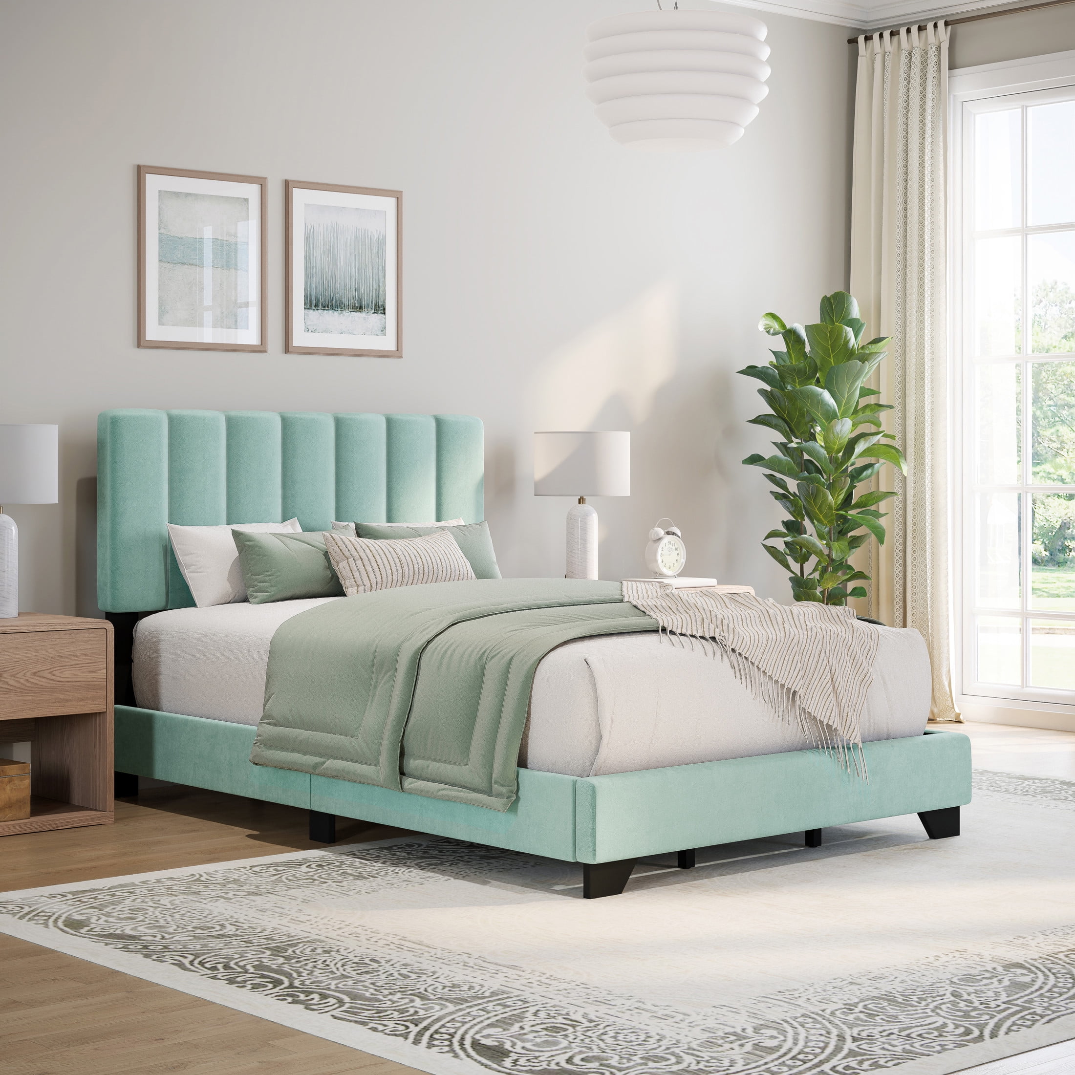 Reece Channel Stitched Upholstered Queen Bed, Caribbean Green, by ...
