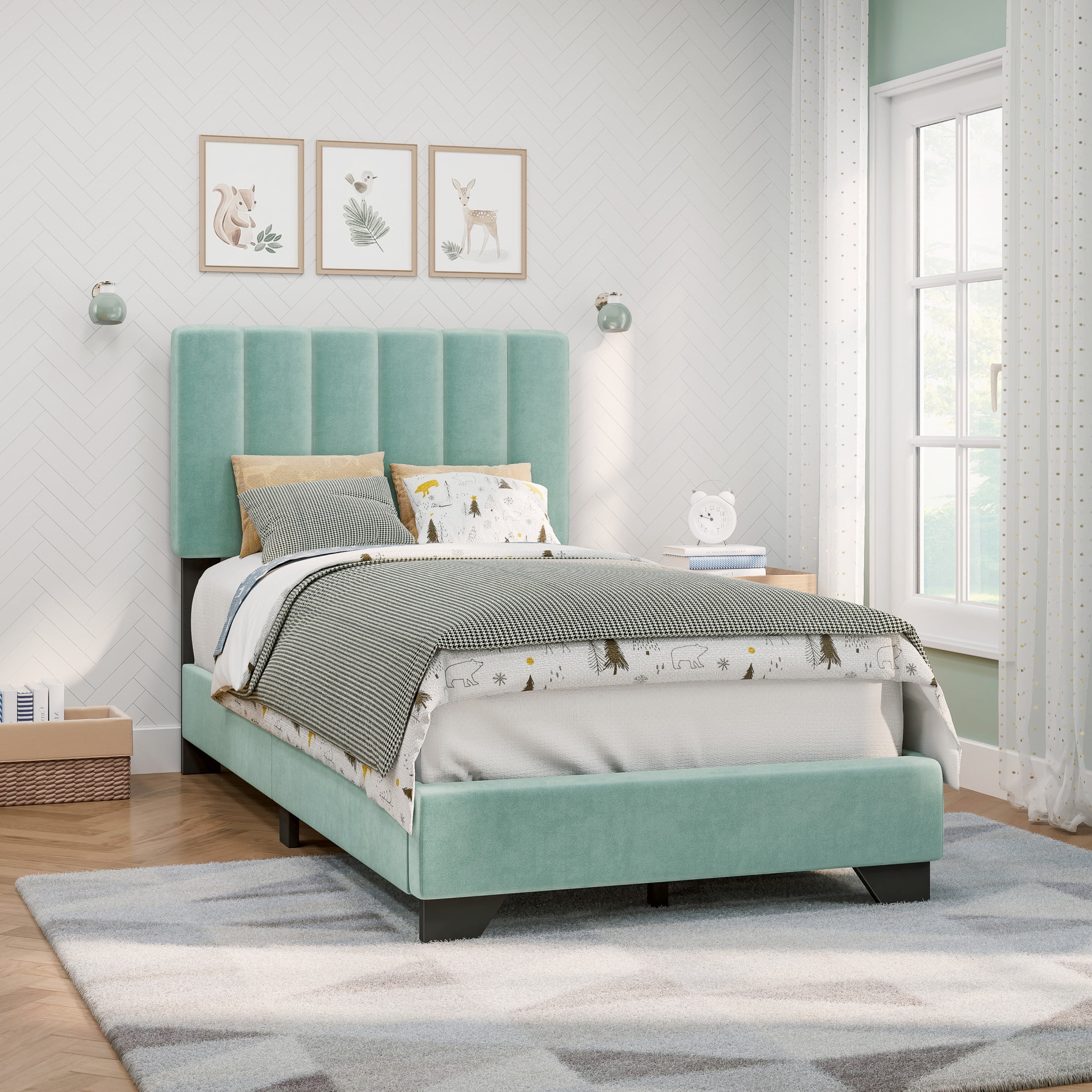 Reece Channel Stitched Upholstered Twin Bed, Caribbean Green, by ...