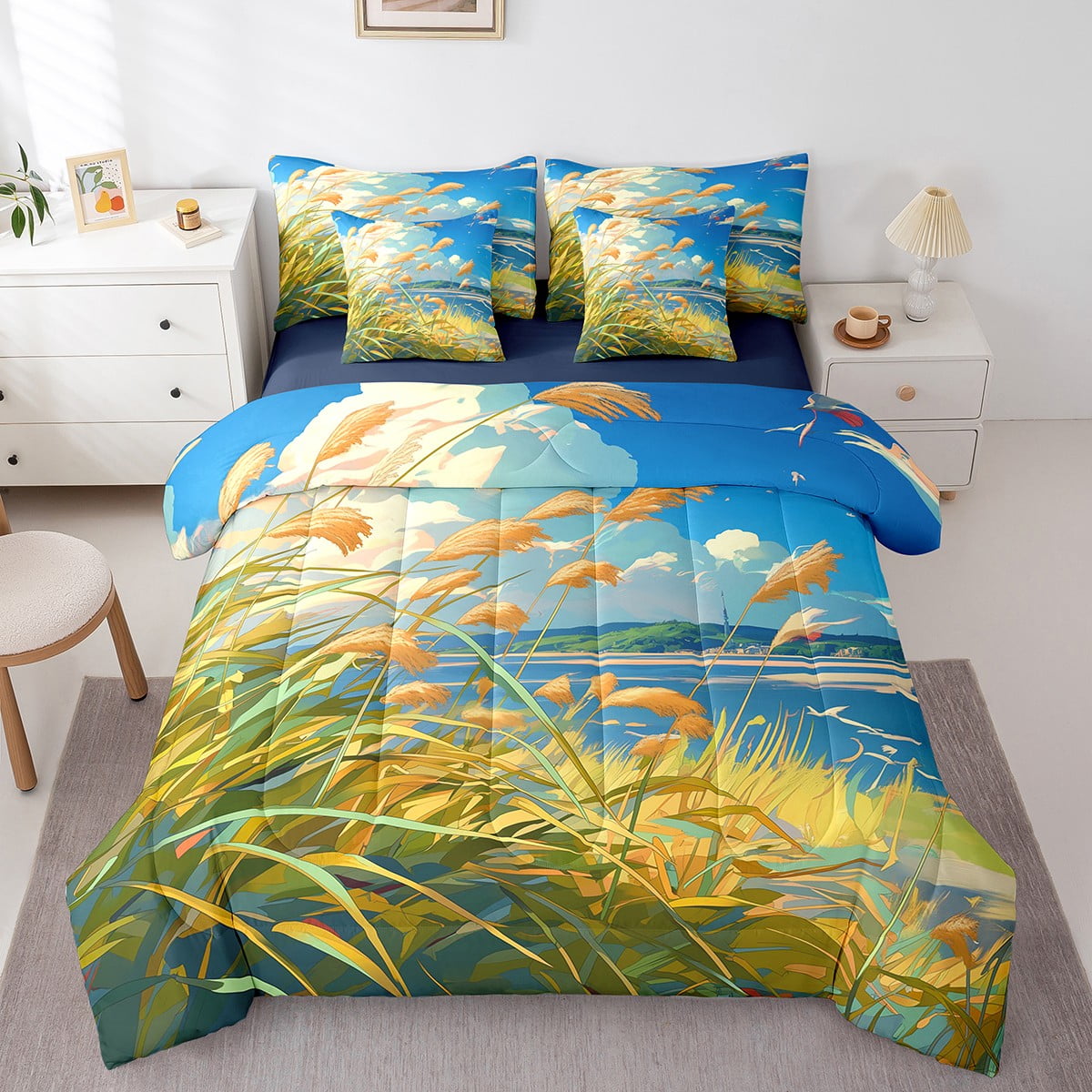 Reed Botanical Plant Bedding Set Full Size 7 Pcs,Sky Blue Nature Bed in ...