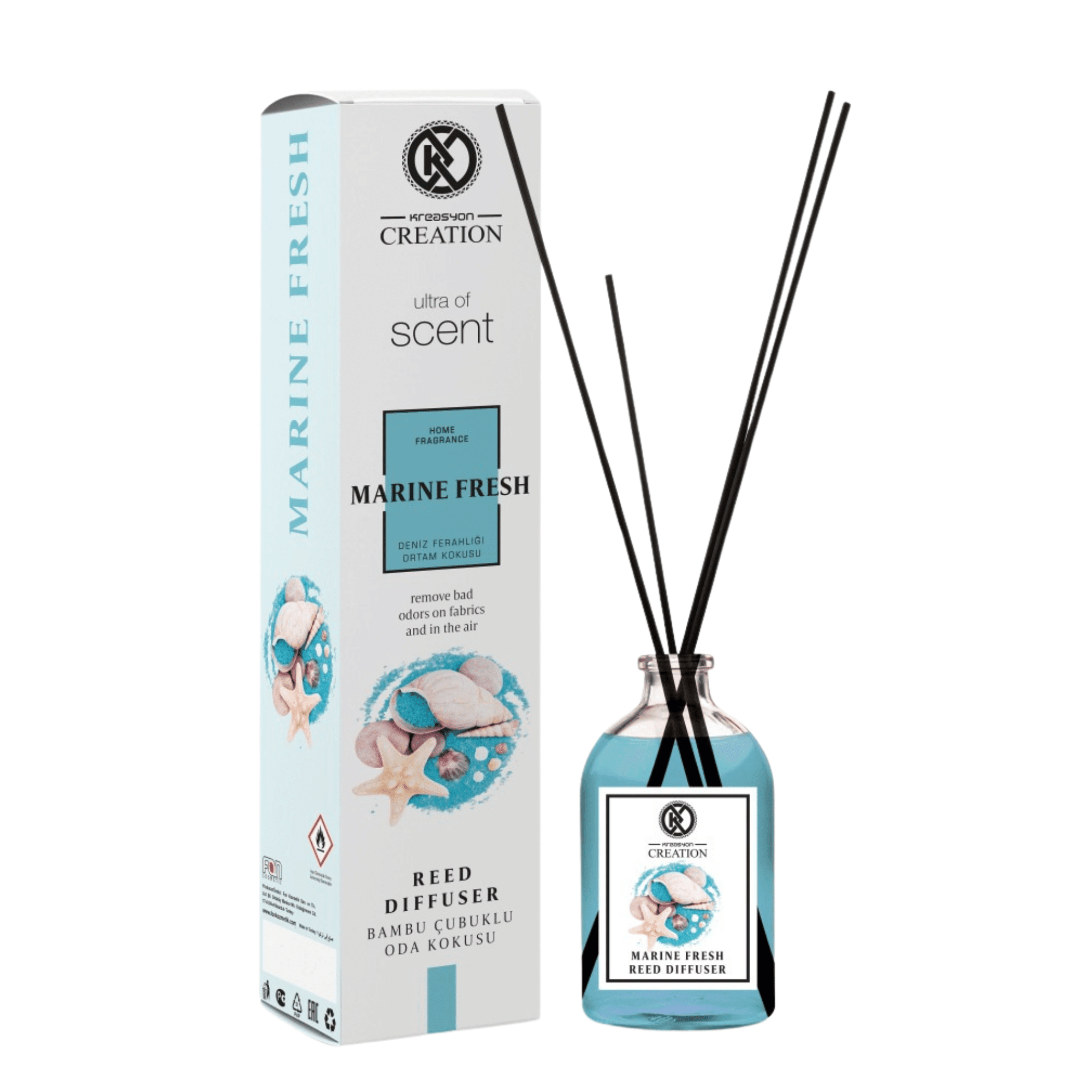 Reed Diffuser with Natural Sticks - Marine Fresh Scent, 115 ml | Long ...