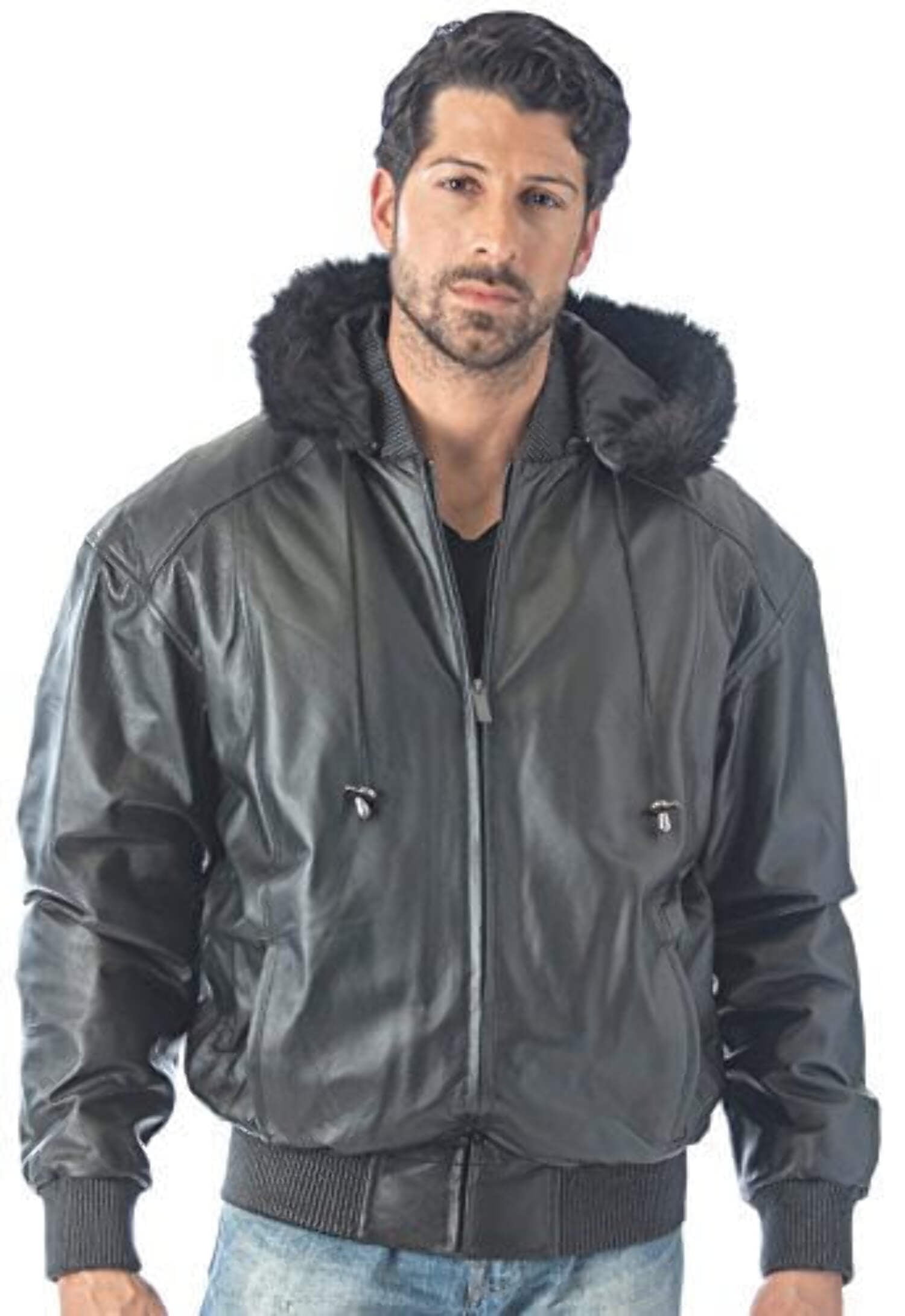 Reed Men's Detachable Hooded Faux Fur Leather Bomber Jacket With ...