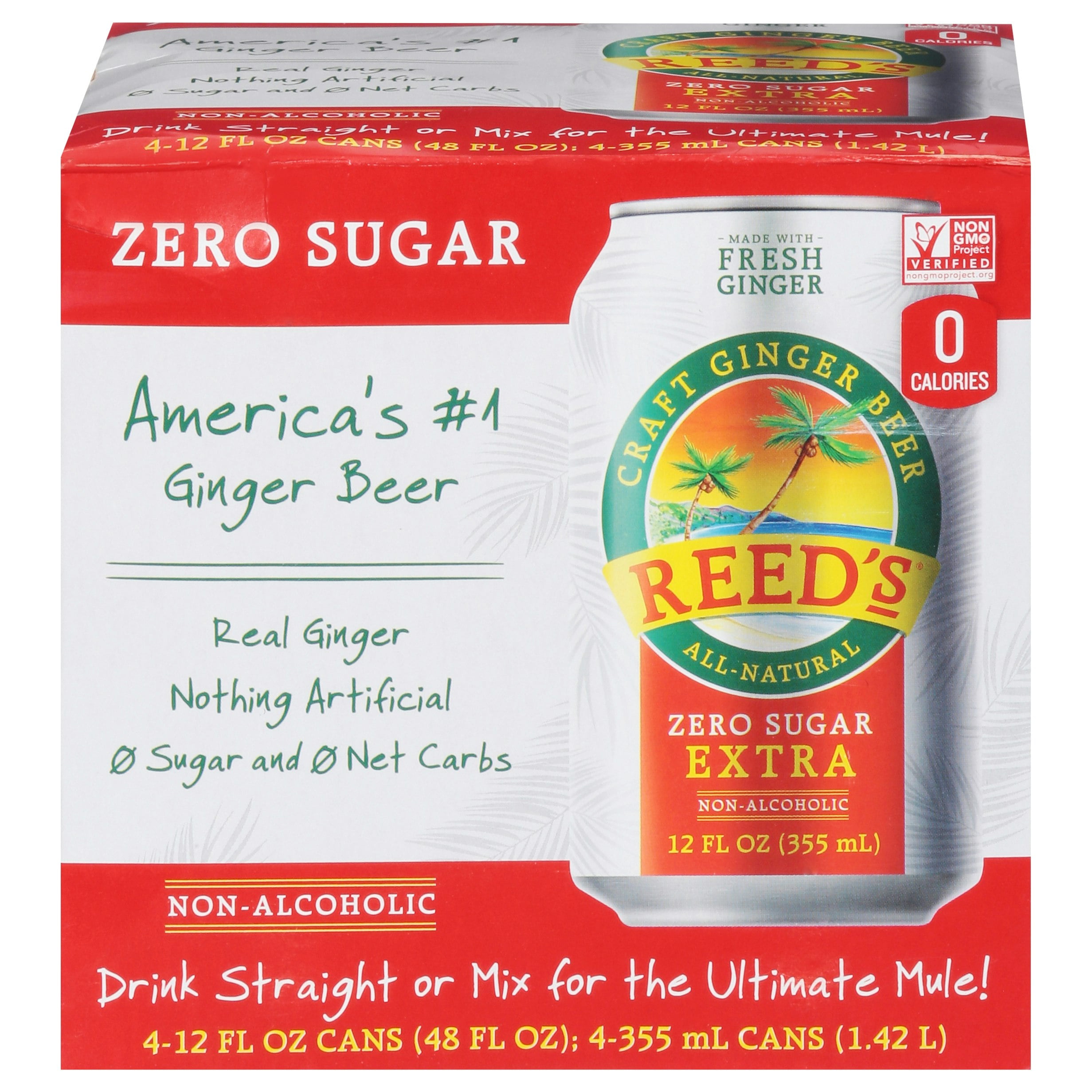 Reed's Soda 4-Pack Ginger Extra Zero 48 fl oz (Pack of 6) - Walmart.com