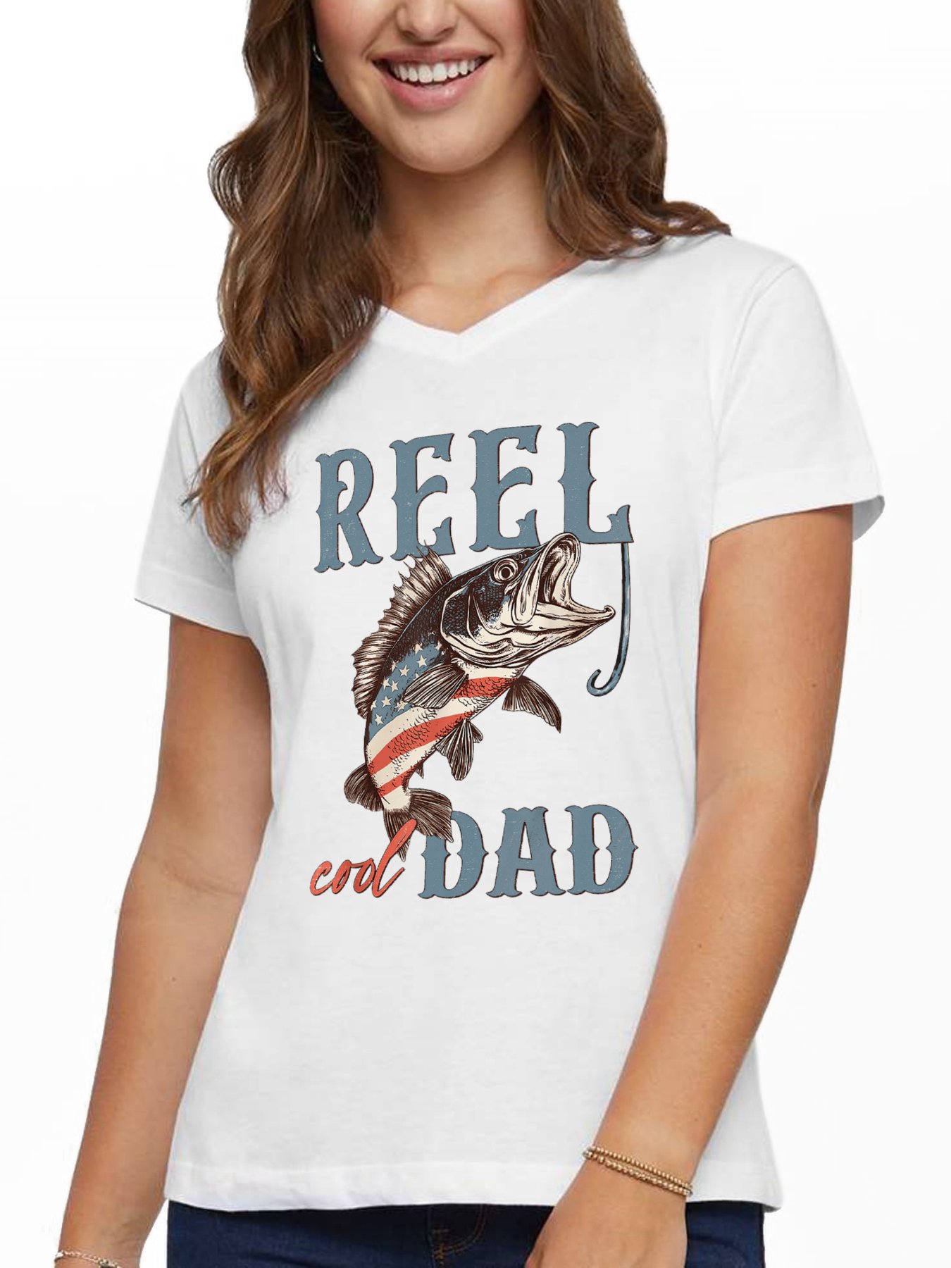 Reel Cool Dad Fishing Daddy American Dad Independence Day Women's Top V ...