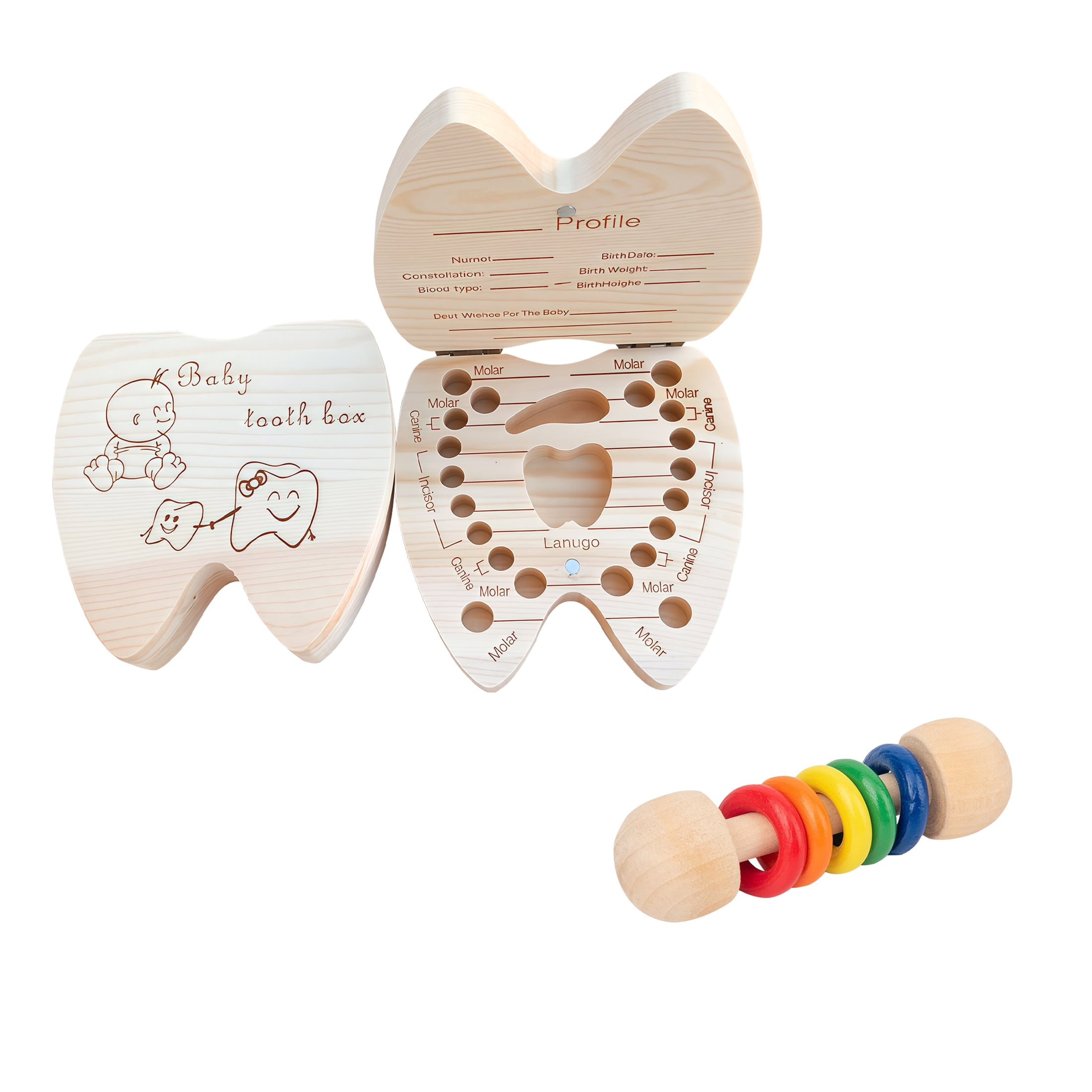 VAFFUL Baby gift Baby Teeth Wooden Storage Box &Wooden five-ring rattle ...