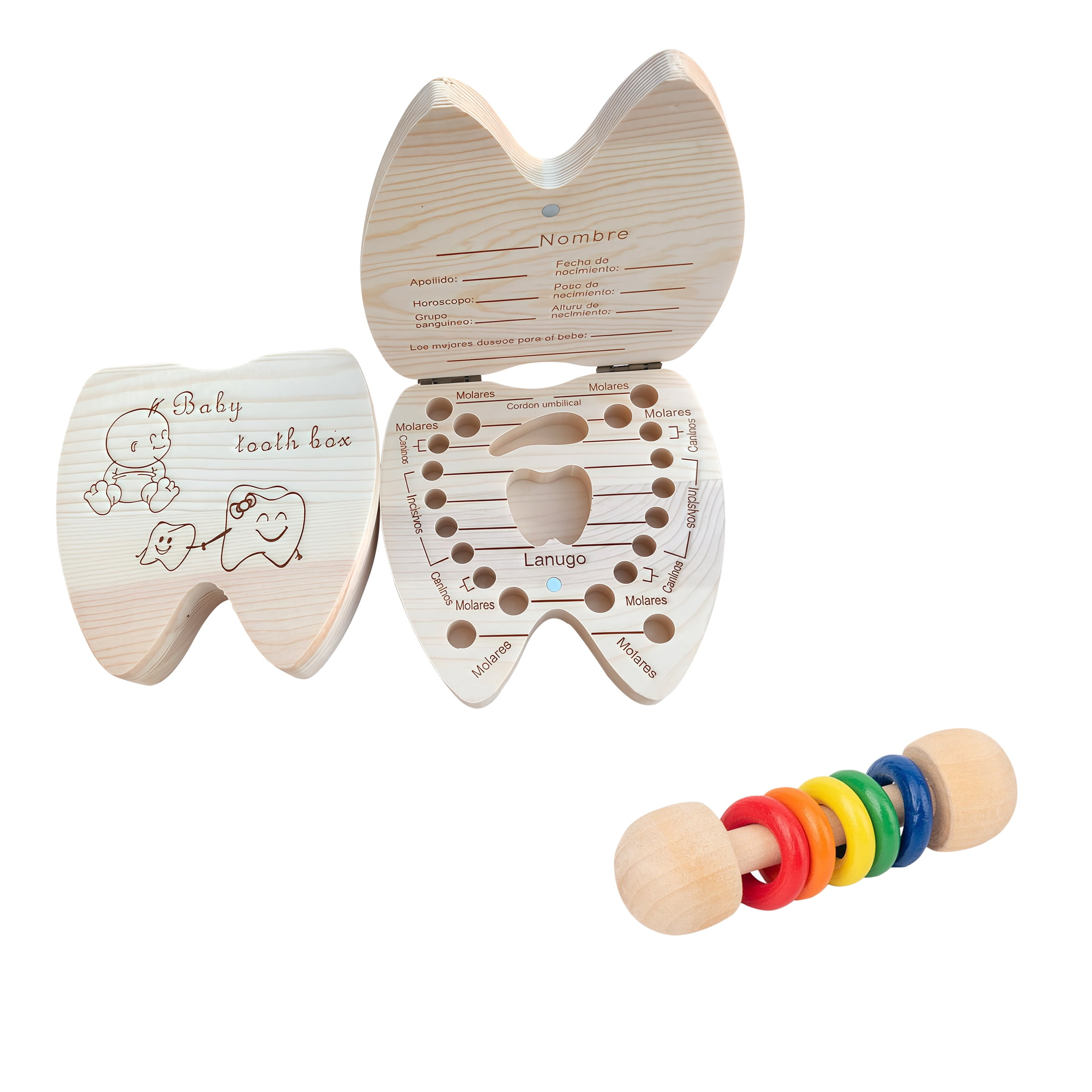 Vafful Baby gift Baby Teeth Wooden Storage Box &Wooden five-ring rattle ...