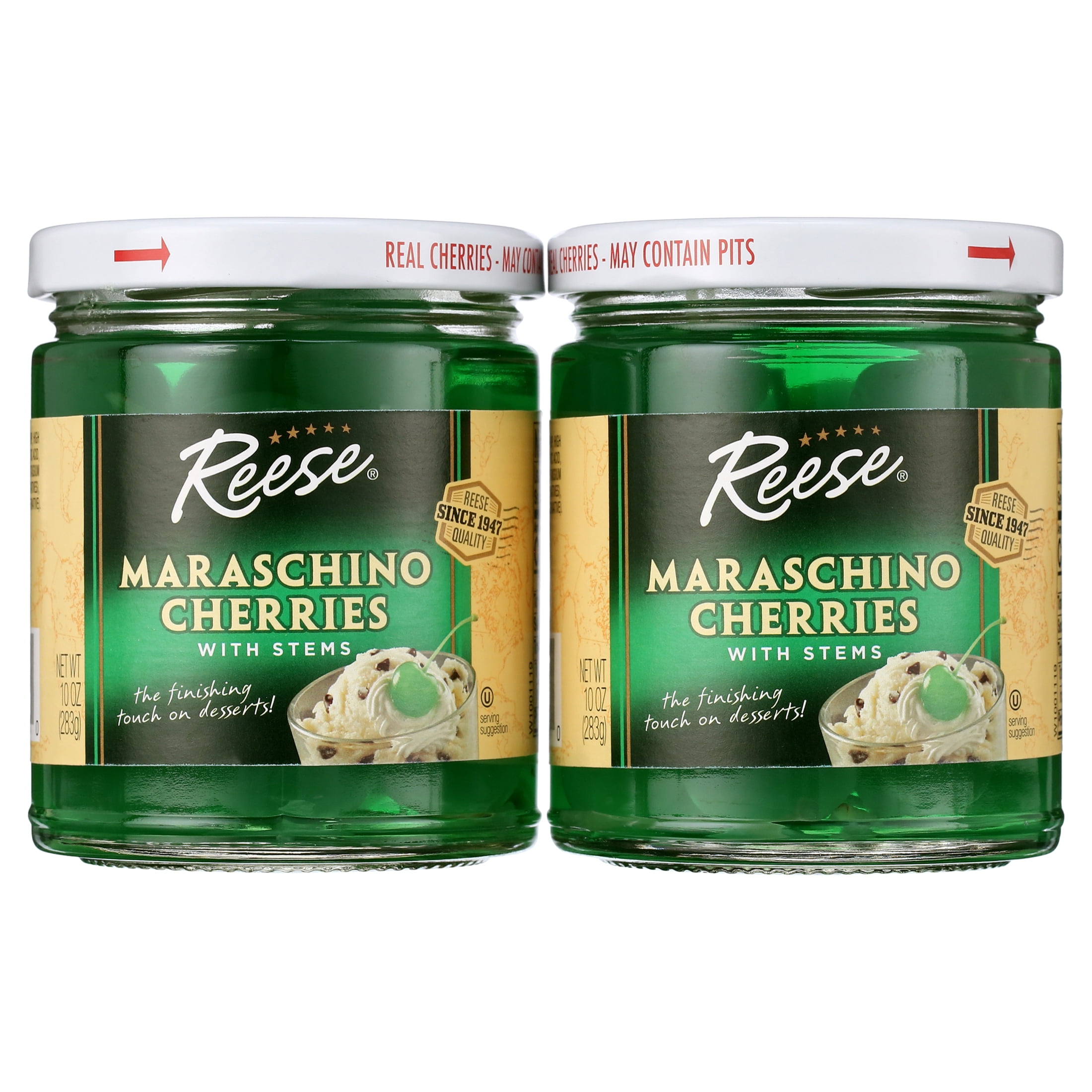 Reese Green Maraschino Whole Cherries with Stems, Garnish, 10 oz Jars ...