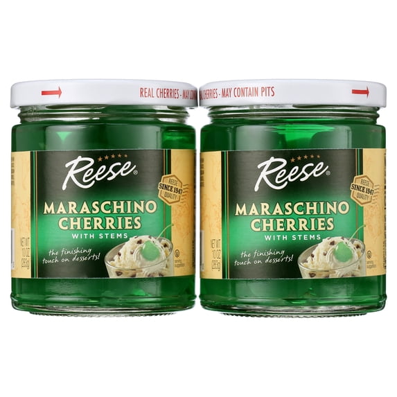 Reese Green Maraschino Whole Cherries with Stems, Garnish, 10 oz Jars ...