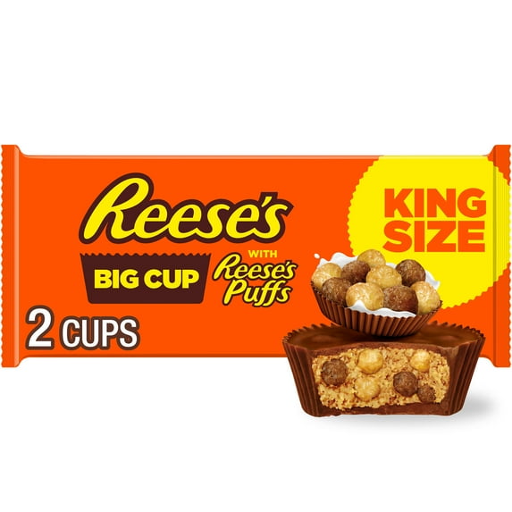 Reese's Big Cup with Puffs Cereal Milk Chocolate King Size Peanut Butter Cups Candy, Pack 2.4 oz ...