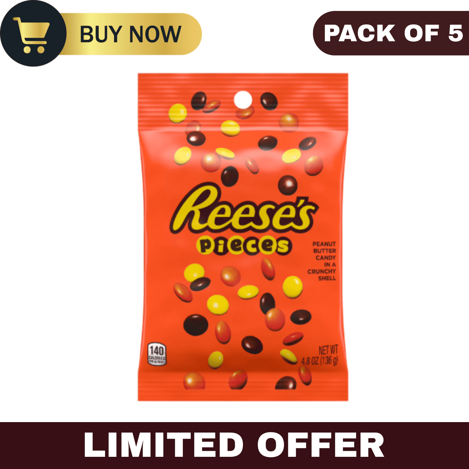 Reese’s Pieces Peanut Butter in a Crunchy Shell Candy Bag, 4.8 oz ...