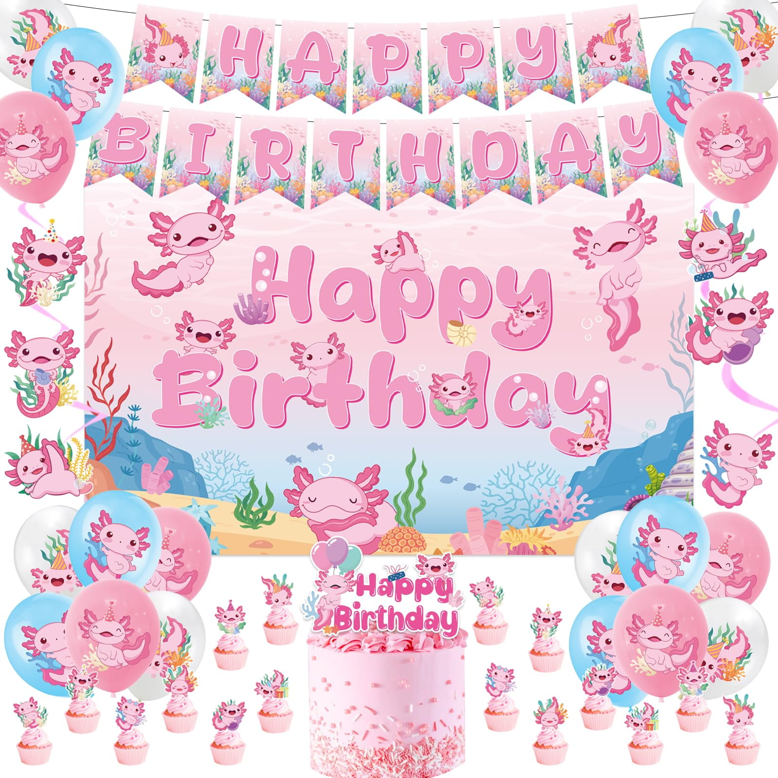 Refavor Axolotl Birthday Decorations Supplies, 44PCS BSL1 Pink Axolotl ...