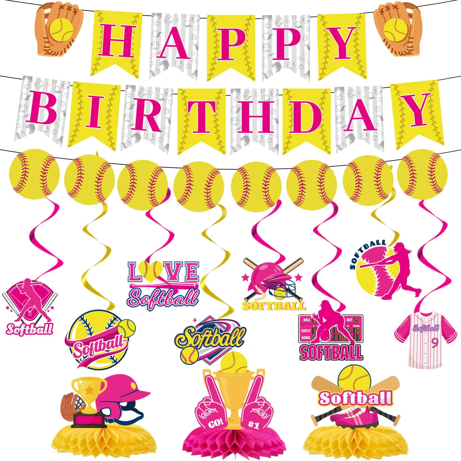 Refavor Softball Birthday Decorations – Banner, Hanging Swirls & Table ...