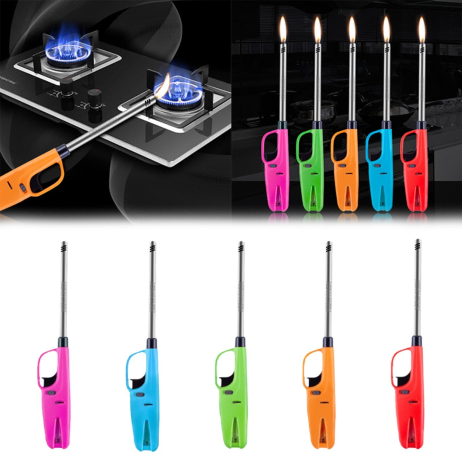 Refillable Butane Lighters, Larger BBQ Grill Click Flame Long Stem ...