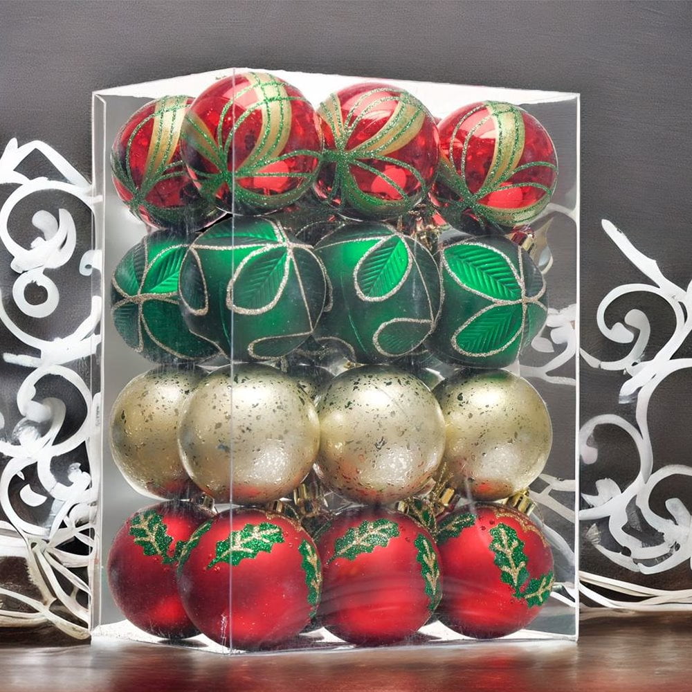 Refined Ornament Bauble Set, 24 Piece Red, Gold, and Green Glitter ...