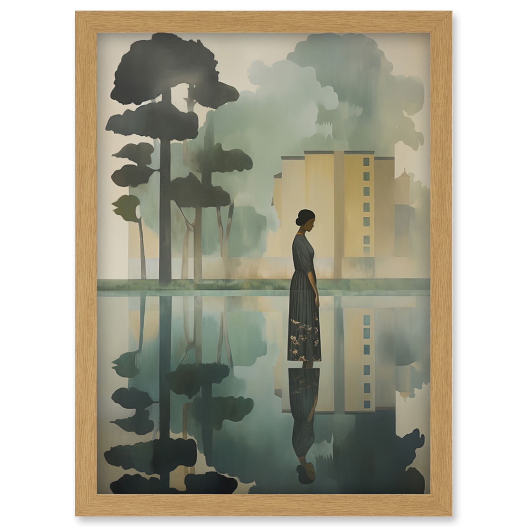 Reflecting and Reflection of Calm Artwork Modern Simple Calming Soft Painting Flat Lake Trees ...
