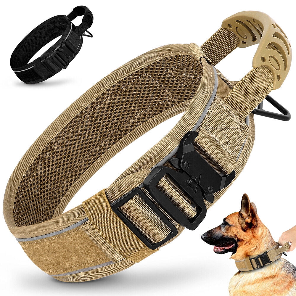 Reflective 2.6" Wide Tactical Dog Collar with Comfortable Handle Mesh Padded Heavy Duty Metal ...