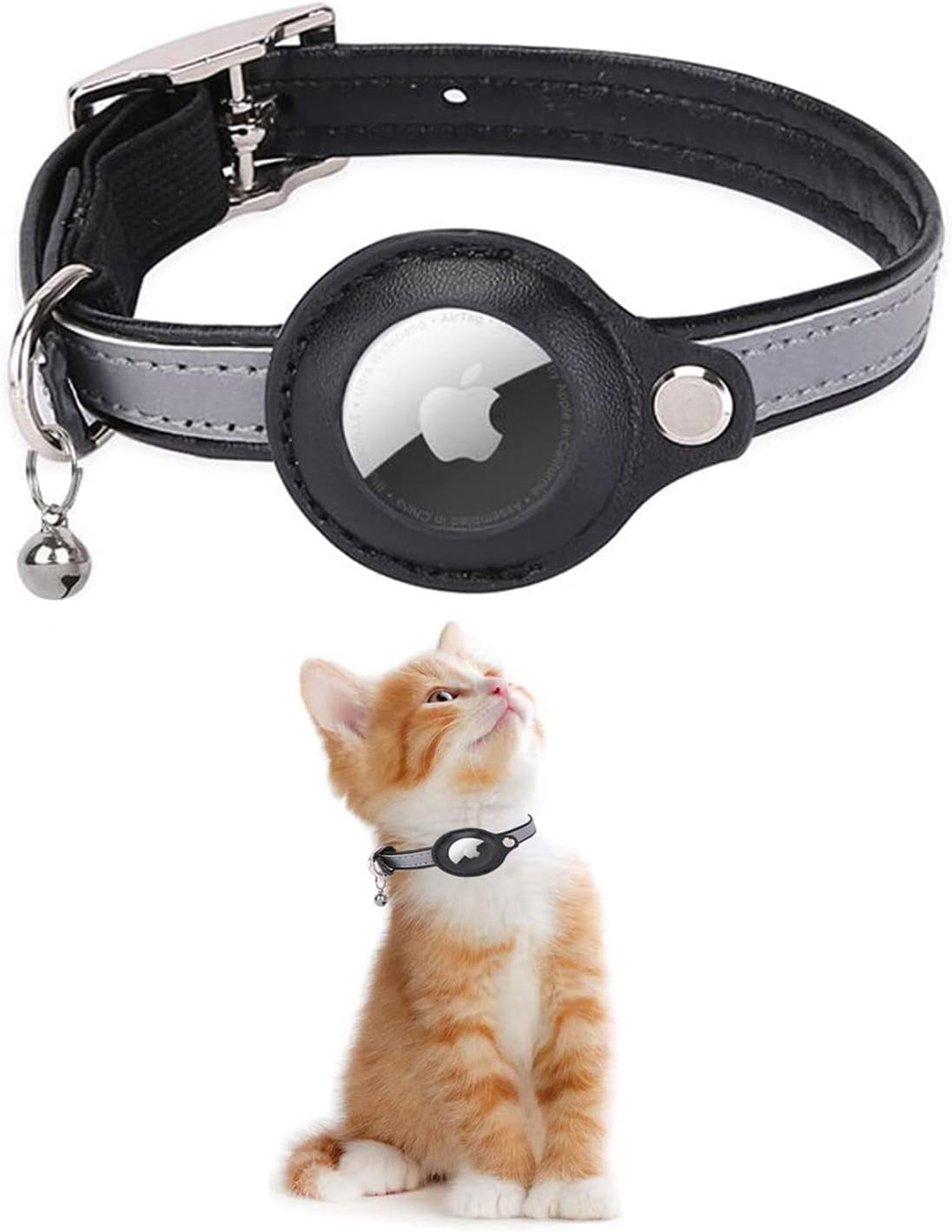 Reflective Leather AirTag Cat Collar, GPS Cat Collar with AirTag ...