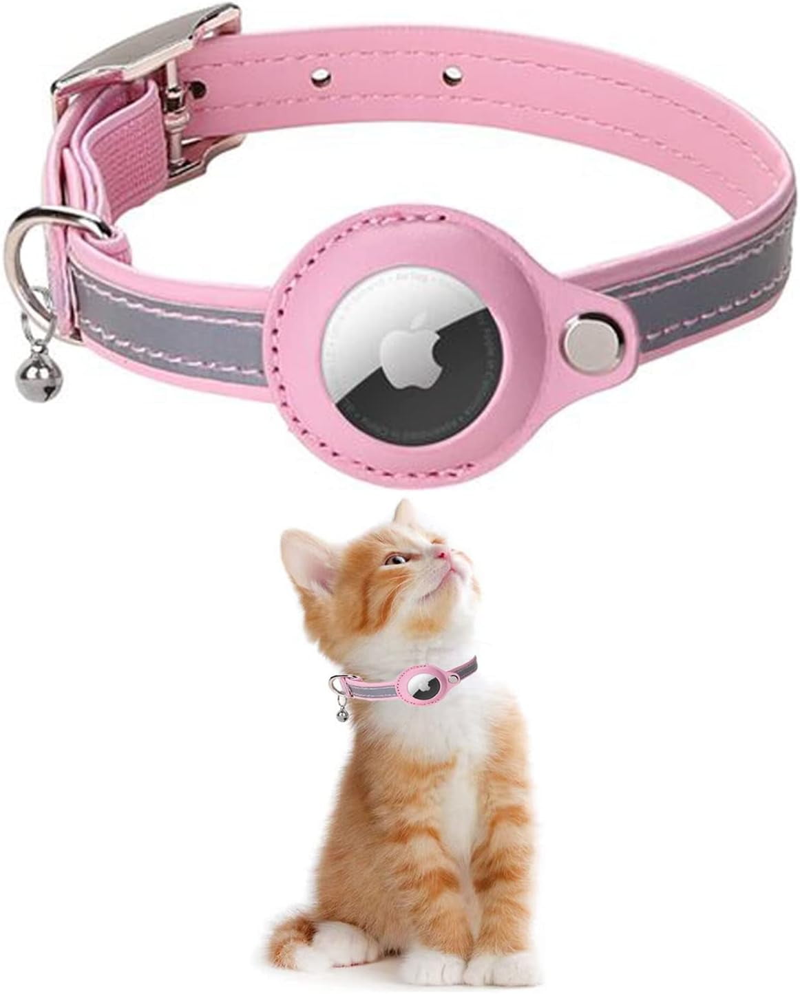 Reflective Leather AirTag Cat Collar, GPS Cat Collar with AirTag Adjustable Holder and Bell ...
