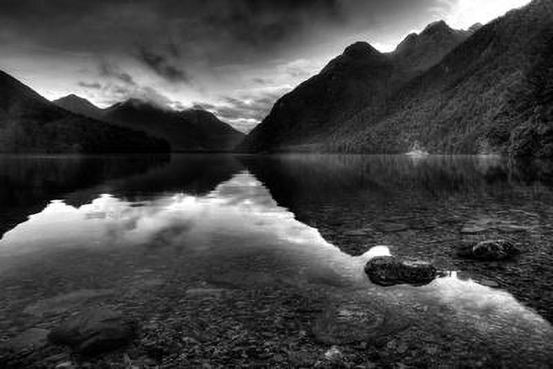 Reflective Mountain Lake Landscape in Black and White Foreground Stones ...