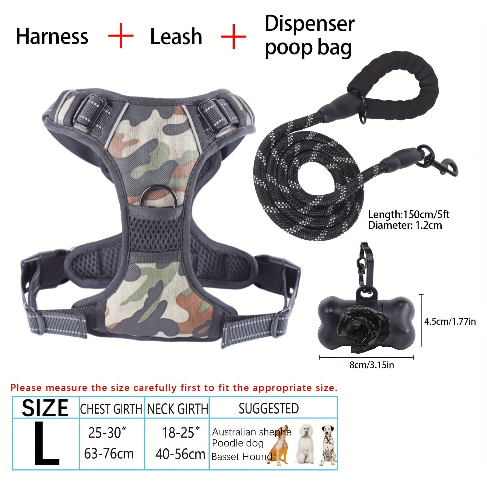 Reflective No-Pull Dog Harness and Leash Set with Poop Bag Dispenser ...
