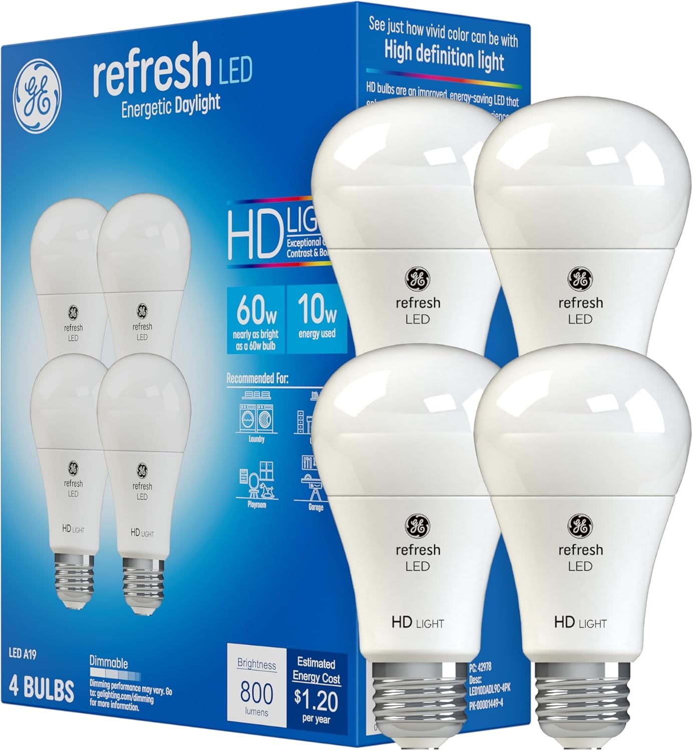 Refresh LED Light Bulbs, 10 Watts (60 Watt Eqv) Daylight HD Light, A19 ...