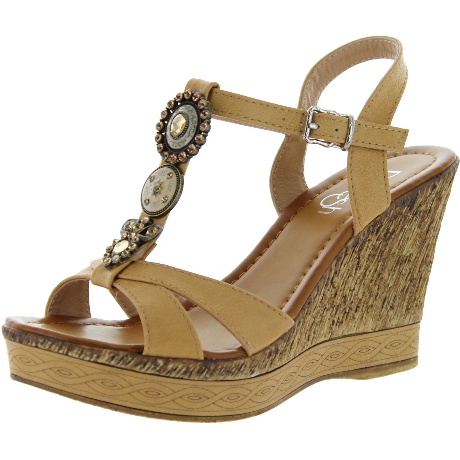 Refresh Womens Jean-01 Beaded Ankle Strap T-Strap Cork Wedge Sandals ...