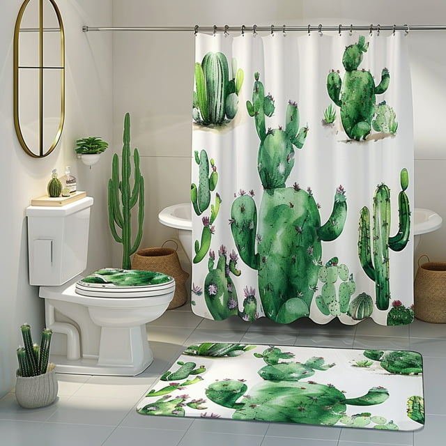 Refresh Your Bathroom With Unique Cactus Shower Curtain Set Watercolor