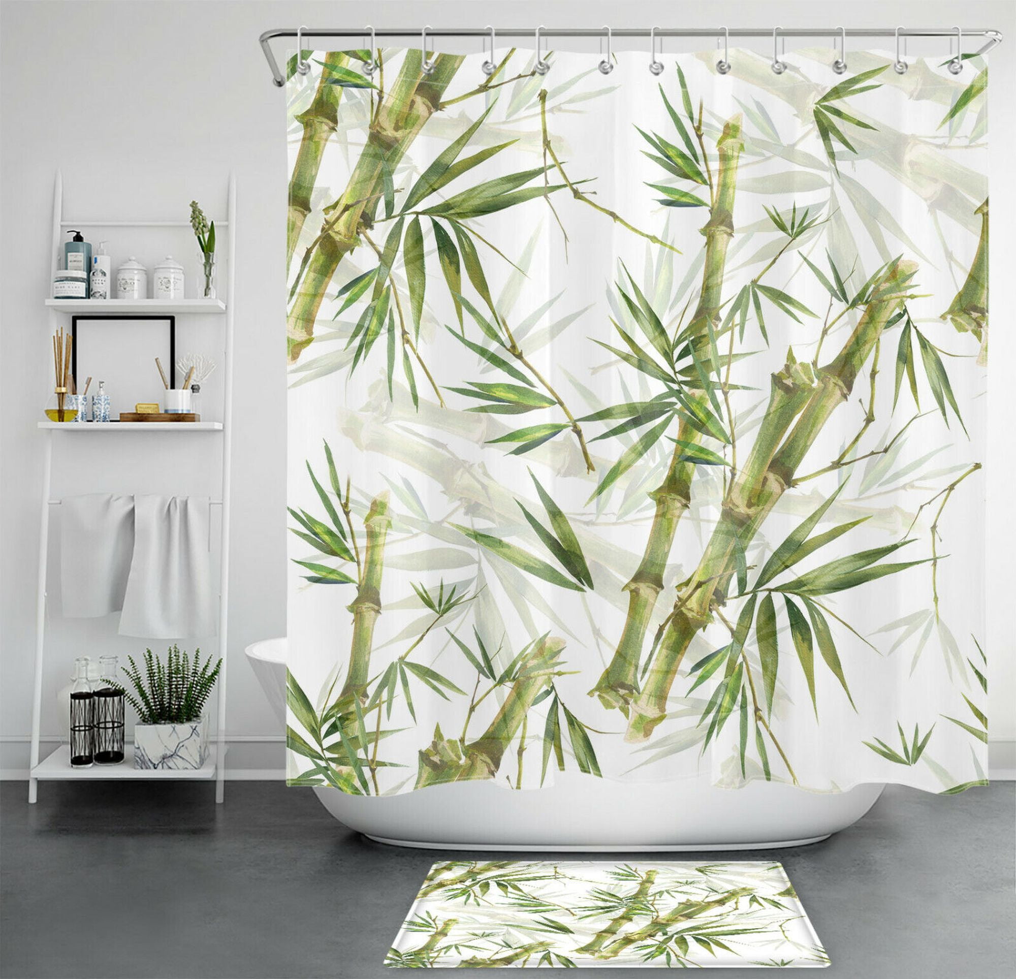 Refresh Your Bathroom With A Green Watercolor Bamboo Leaves Shower